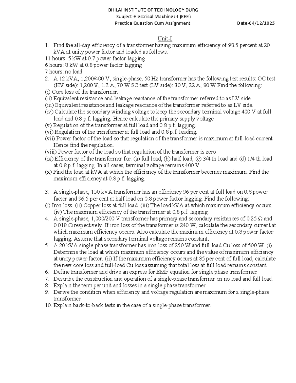 BIT Durg EE 101 Practice Problems on Transformer Efficiency and Tests ...