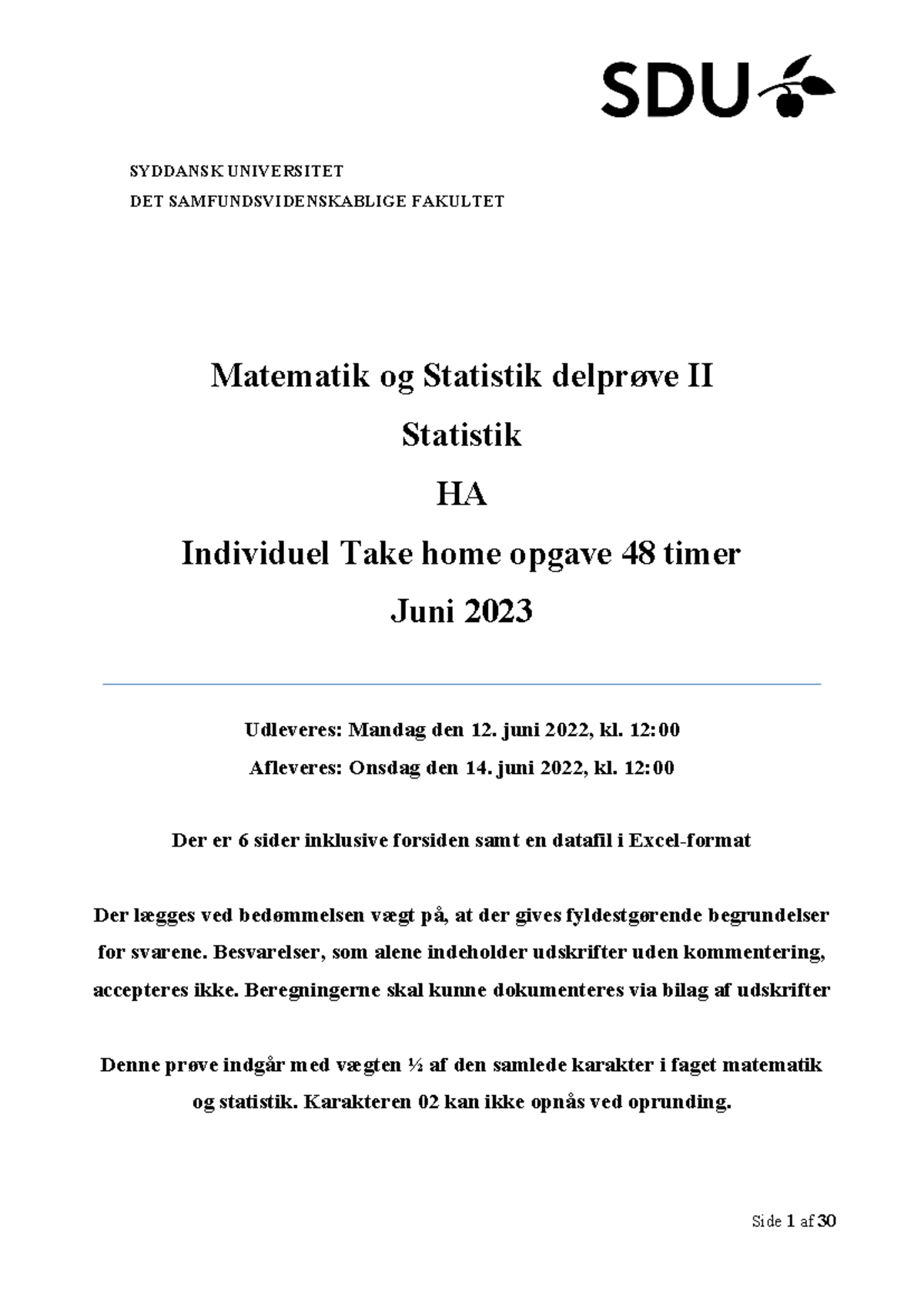 Statistik og Matematik Delprøve II Løsninger - Juni 2023 - Studocu