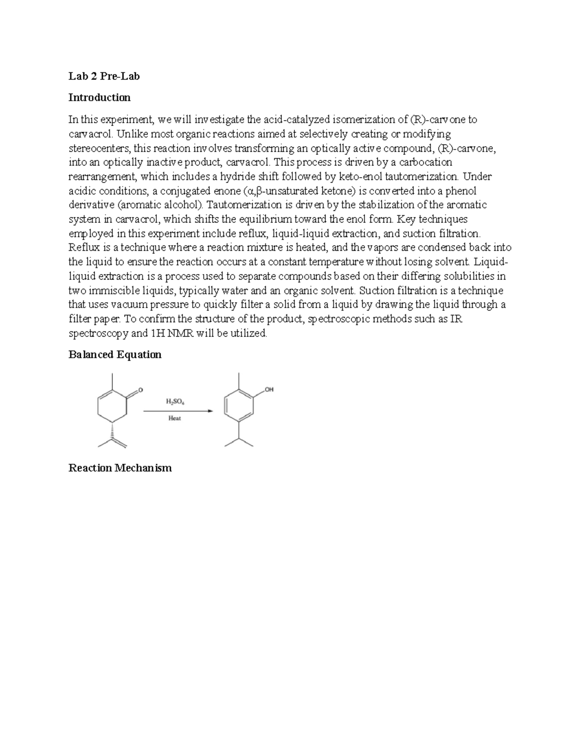 Lab 2 Pre-Lab: R-carvone to carvacrol - Lab 2 Pre-Lab Introduction In this experiment, we will ...