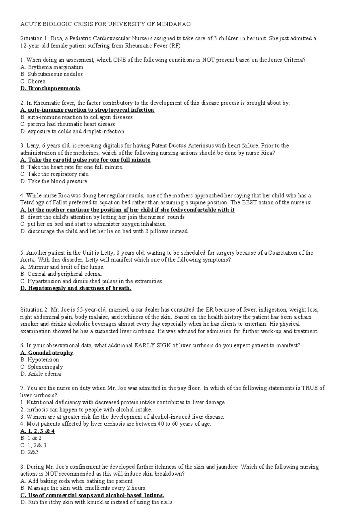 ACUTE BIOLOGIC CRISIS: Nursing Scenarios & Questions for UM Exam - Studocu