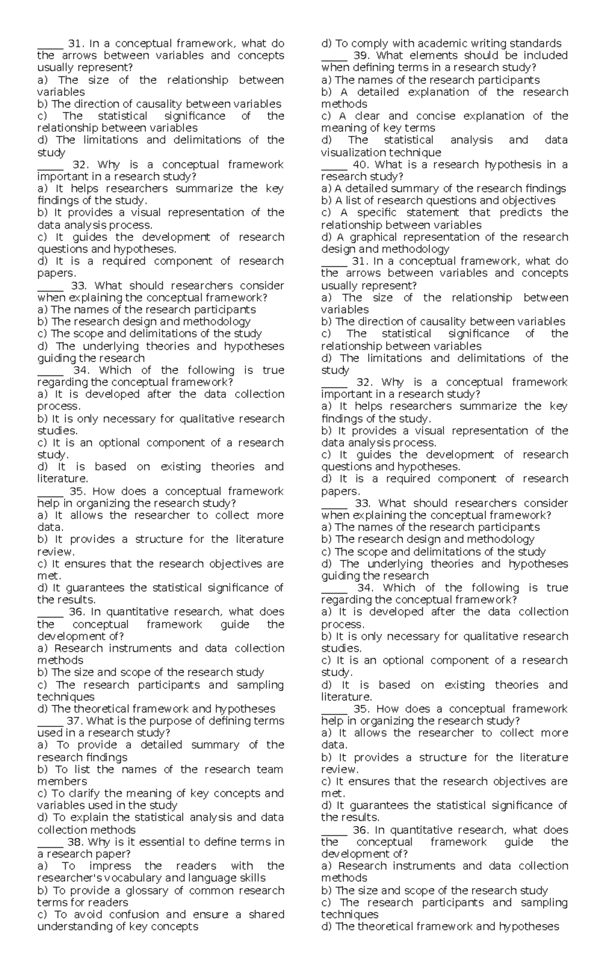 Conceptual Framework: Sample Questions for Research Studies (1-10 ...