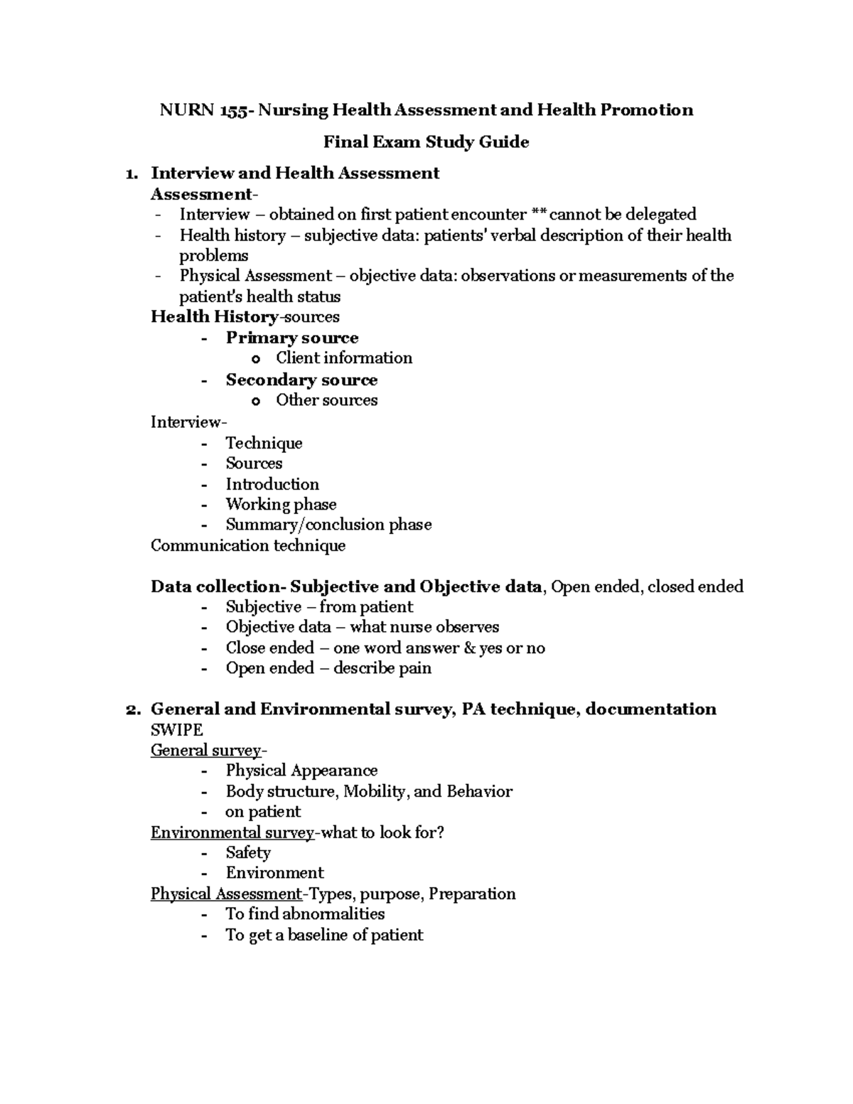 NURN 155 Final Exam Study Guide: Nursing Health Assessment Overview ...