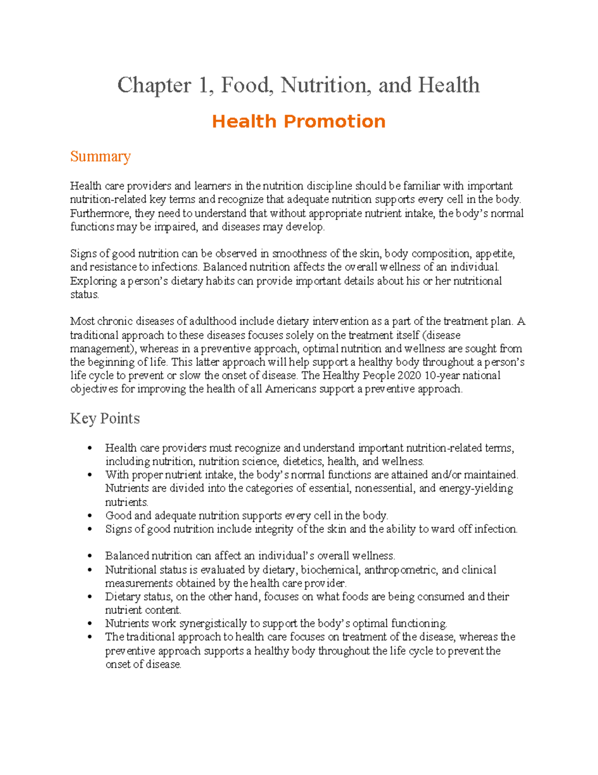 Chapter 1: Food, Nutrition, and Health - Key Points Summary - Studocu
