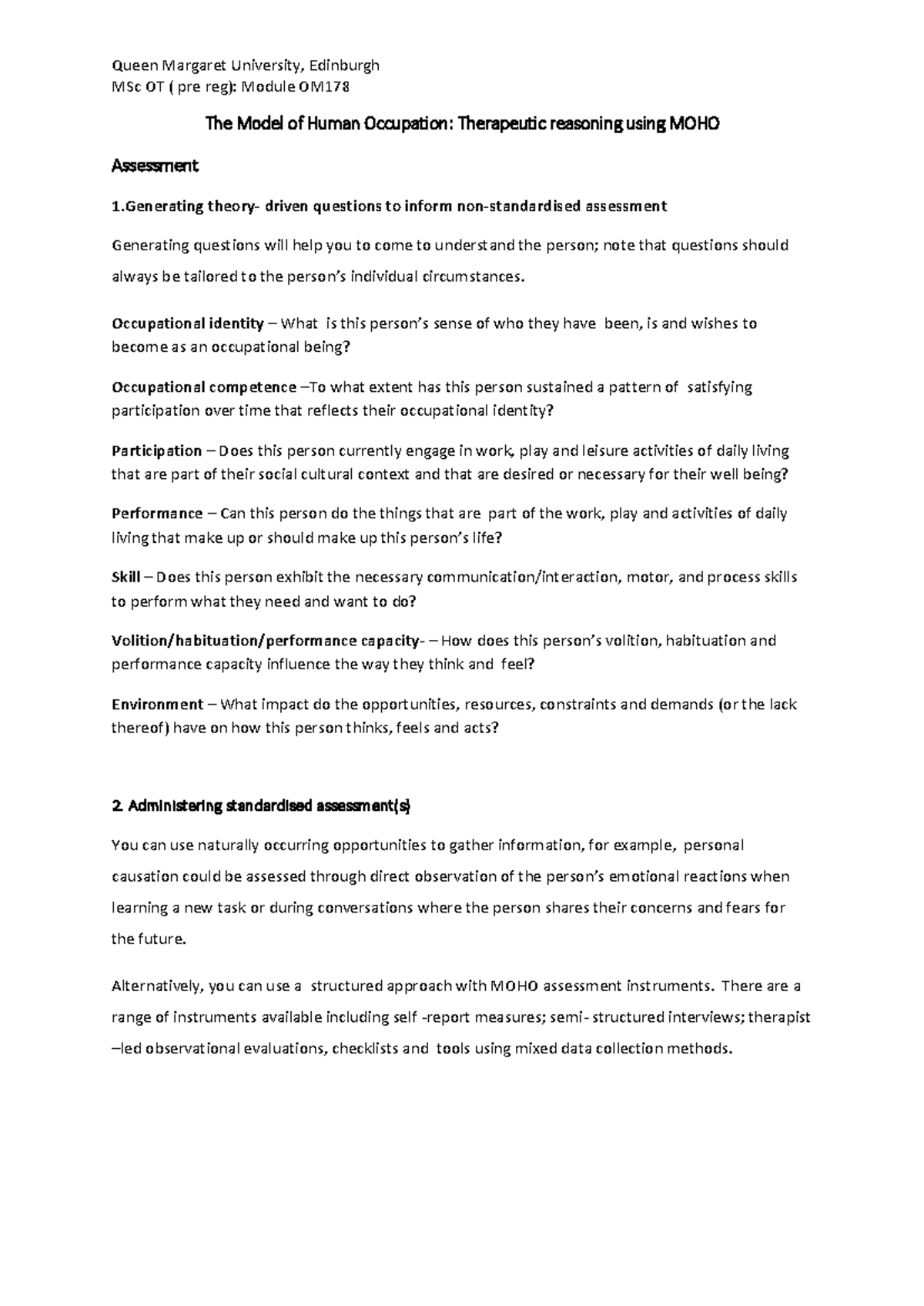 MSc OT (Pre Reg): MOHO Therapeutic Reasoning and Assessment Guide - Studocu