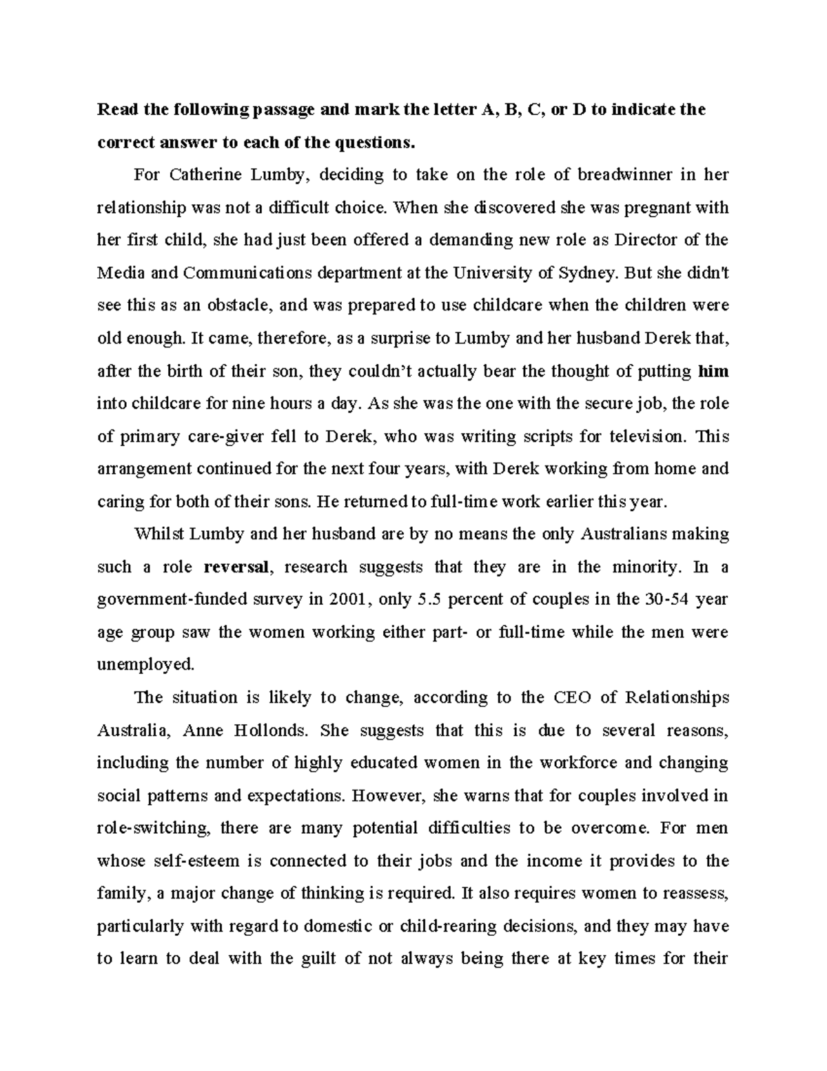 Reading - Grade 10 Test: Role Reversal in Parenting Dynamics - Studocu