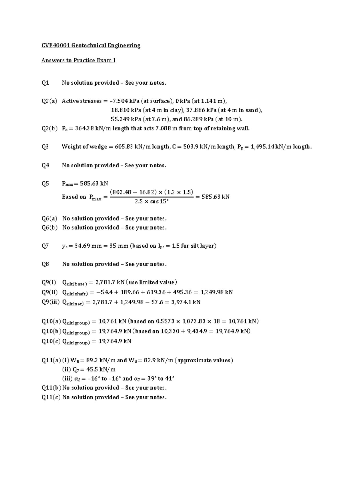 01a - CVE40001 - Geotechnical Engineering Practice Exam I - Answers ...