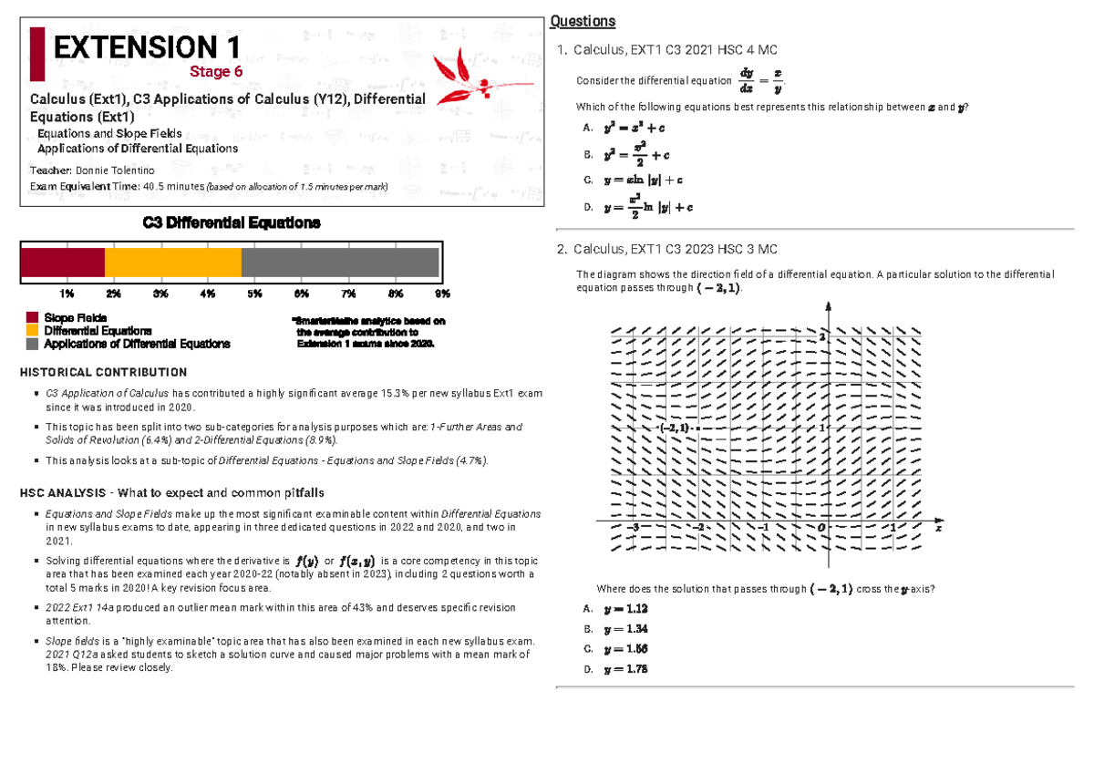 Differential Equations and Slope Fields - C3, Ext1 Calculus Guide - Studocu