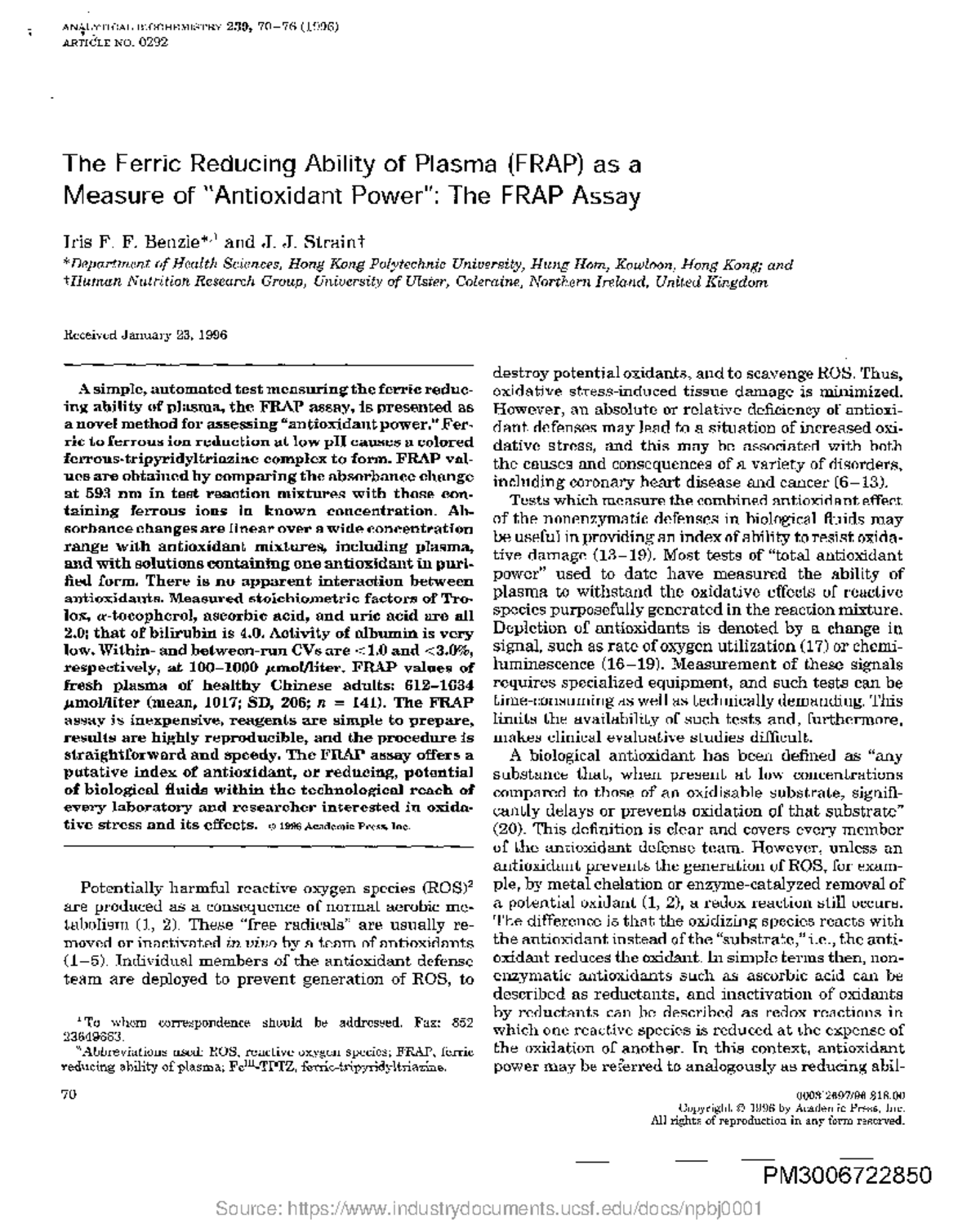 FRAP Assay: Measuring Ferric Reducing Ability of Plasma (ANSWRI CAL ...