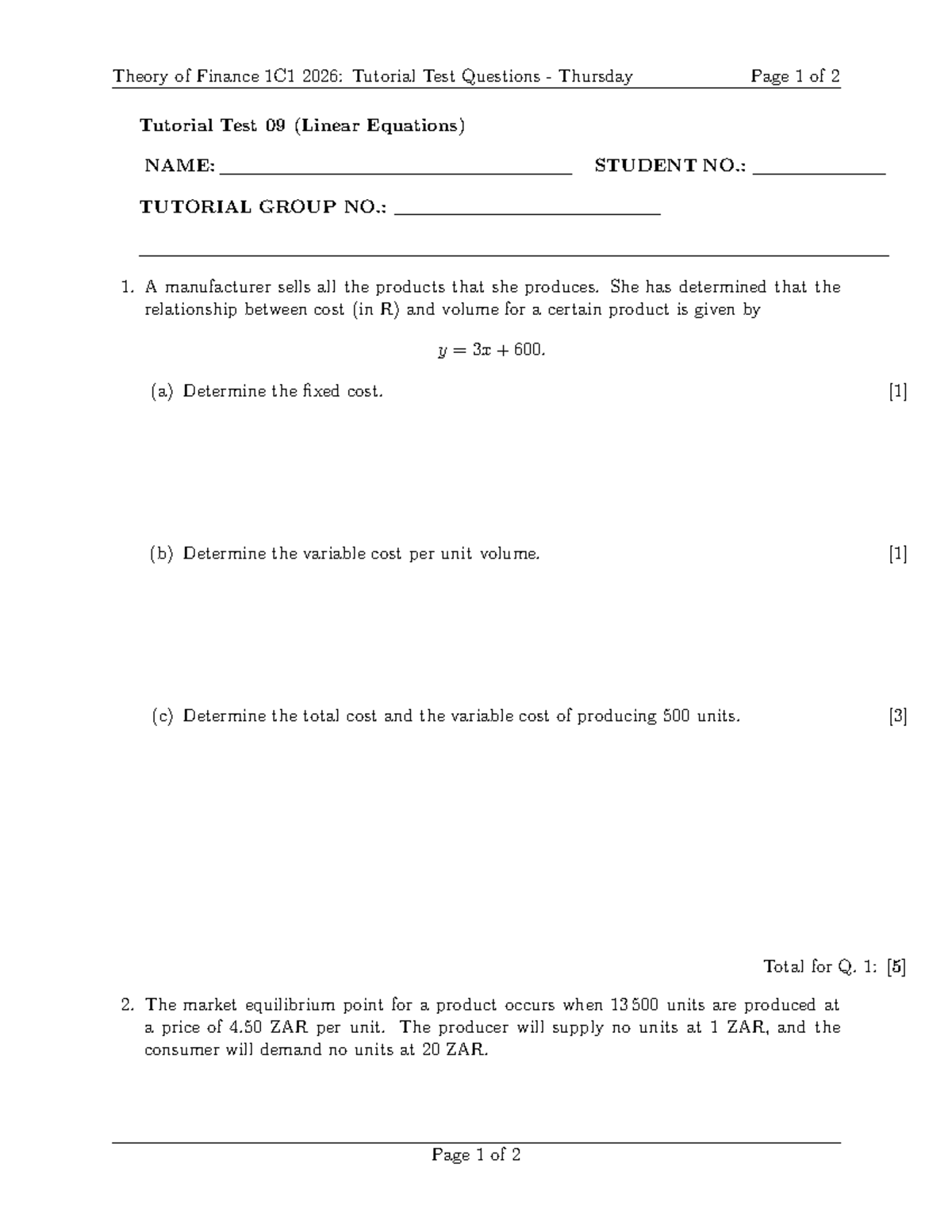 Theory of Finance 1C1 2026: Tutorial Test Questions - Studocu