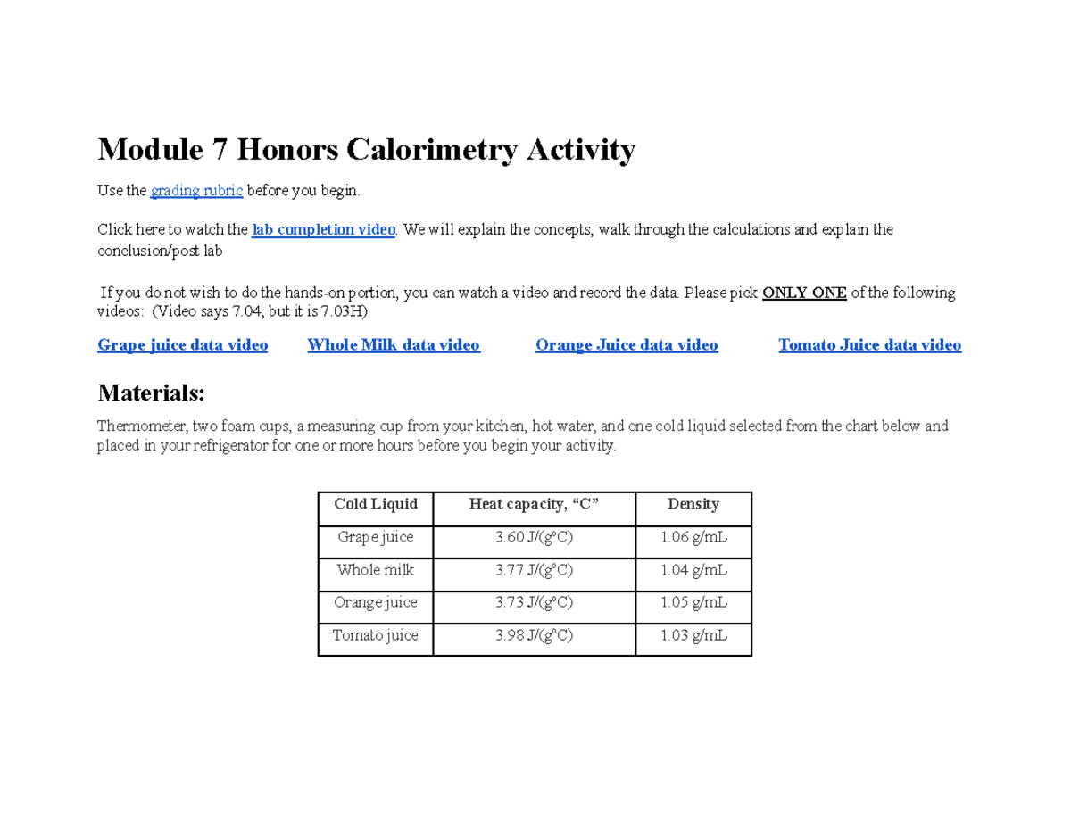 Module 7H Calorimetry Activity: Heat Transfer Lab Guide - Studocu