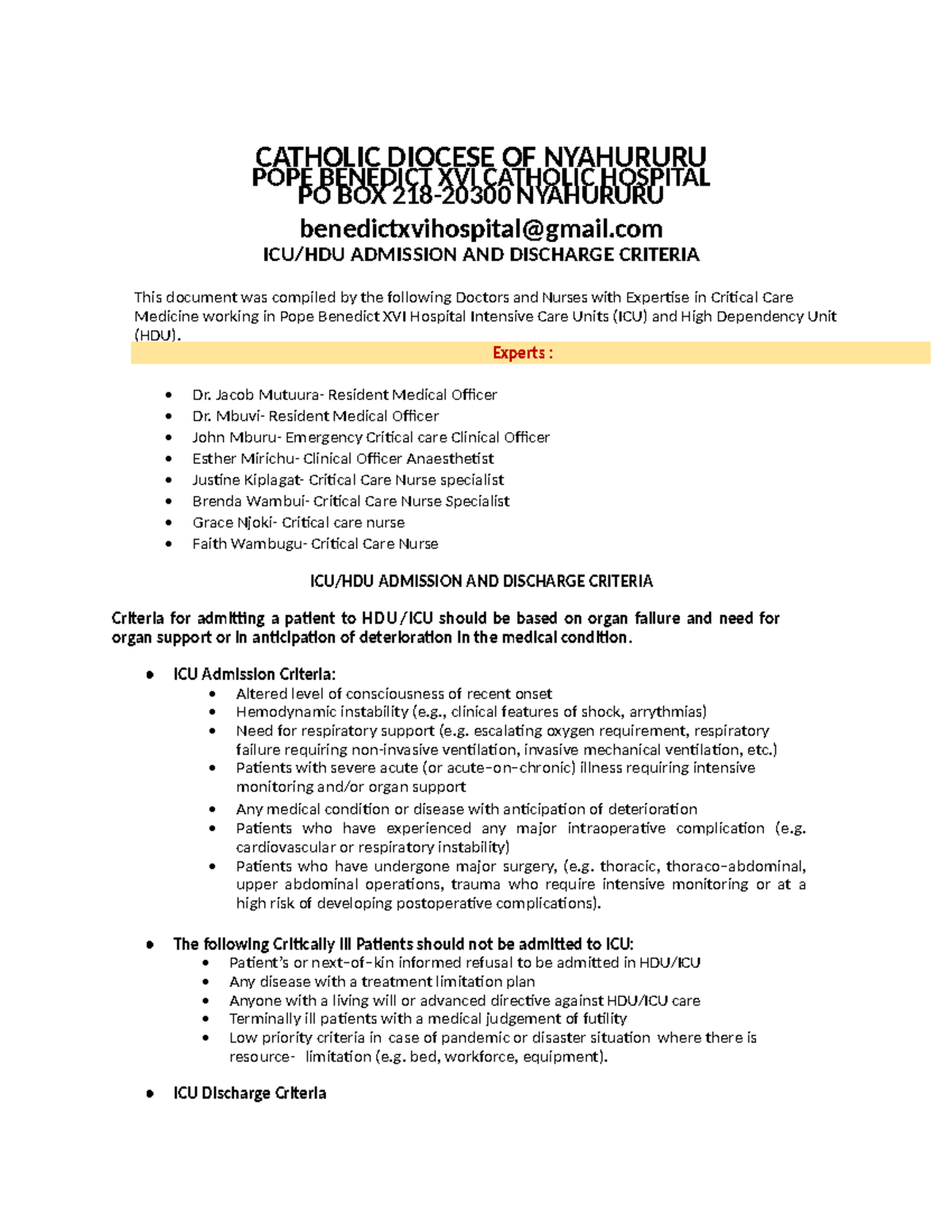 ICU/HDU Admission & Discharge Criteria Guidelines - 2025 - Studocu