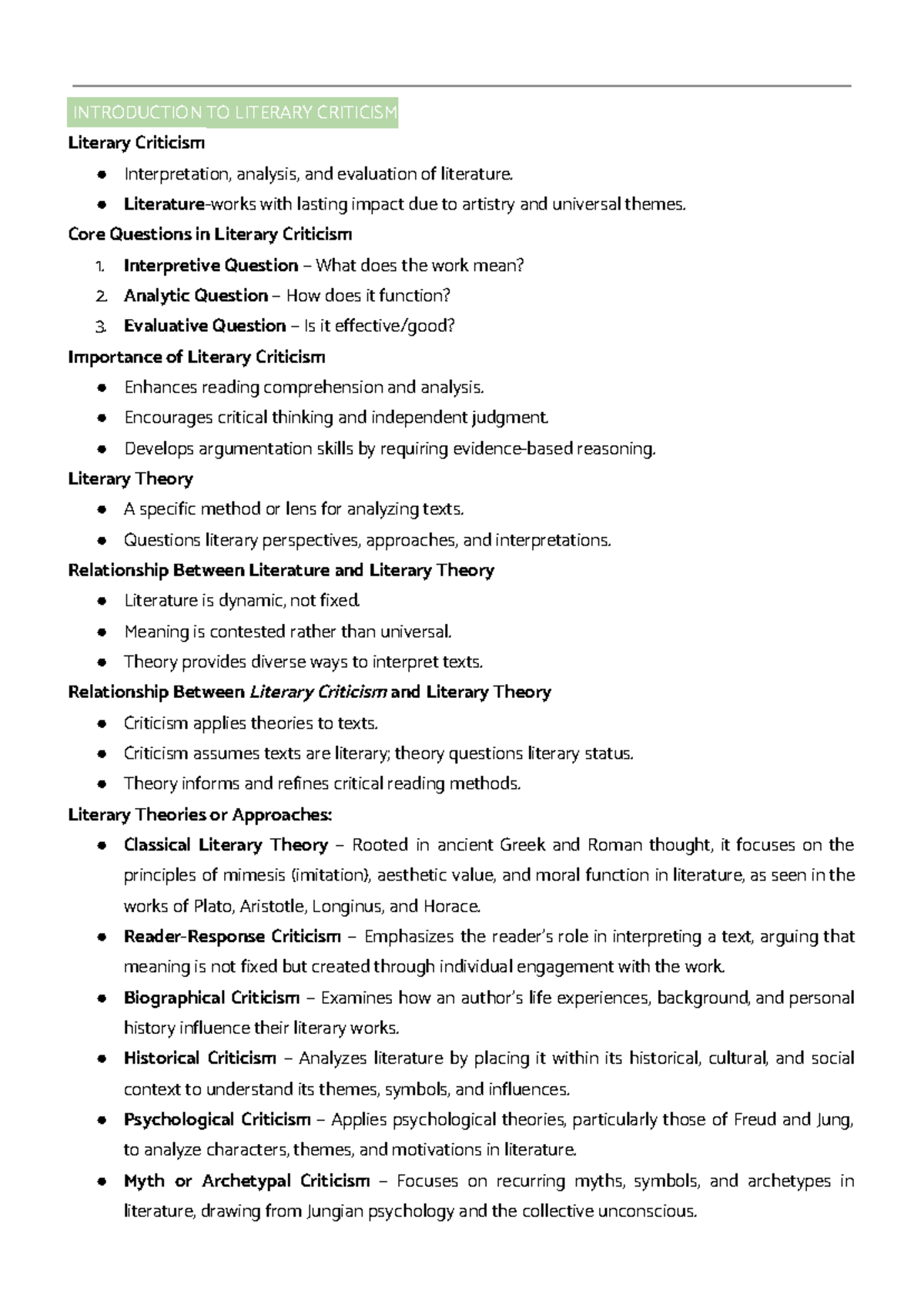 Introduction to Literary Criticism: Key Concepts and Theories - Studocu