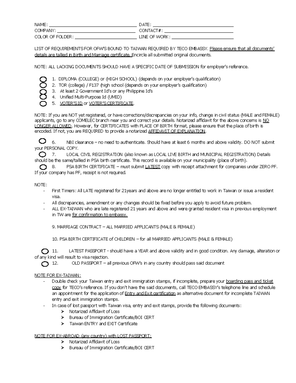 Taiwan OFW Requirements for TECO Visa - Updated Checklist - Studocu