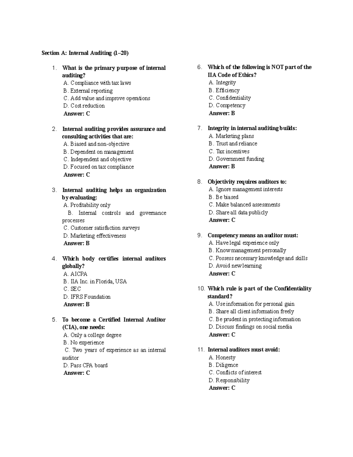 Internal Auditing & Operational Audit Questions (Course Code: Opsaudit) - Studocu