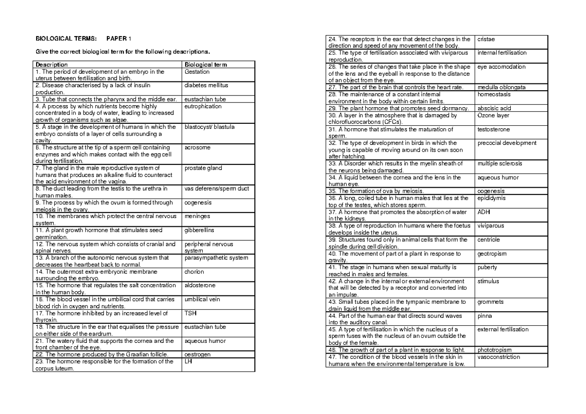 BIOLOGICAL TERMS: PAPER 1 - Definitions and Key Concepts - Studocu
