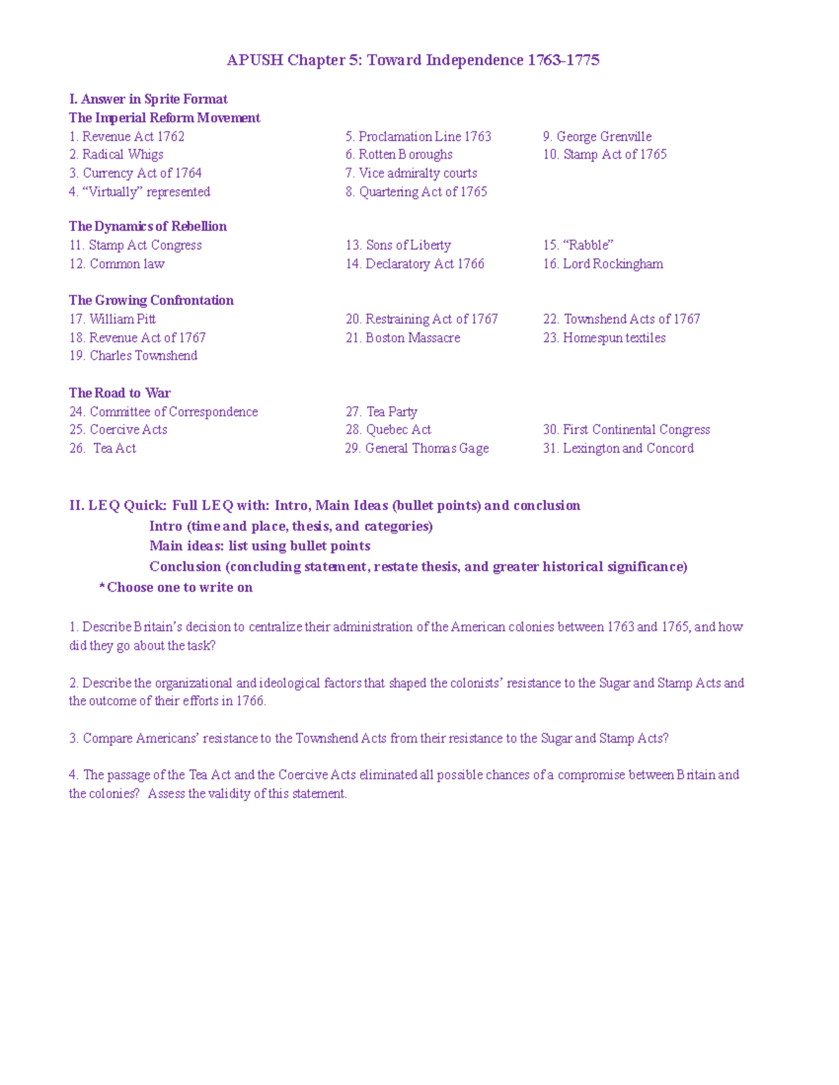 APUSH Ch. 5 Study Notes: The Road to Independence (1763-1775) Analysis ...