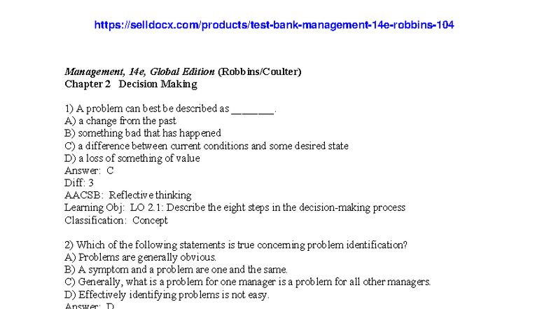 Management 14e Global Edition: Chapter 2 Decision Making Test Bank ...