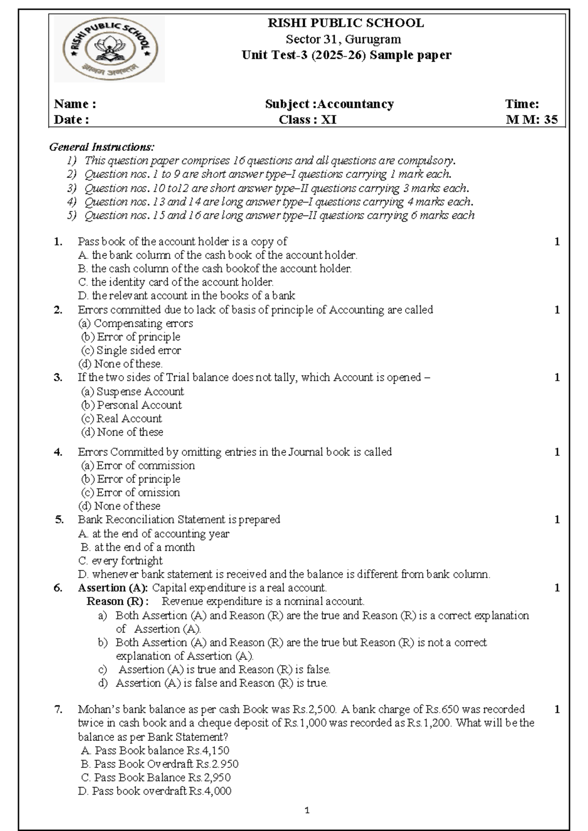 Class XI Accountancy UT3 Sample Paper 2025-26 - Studocu