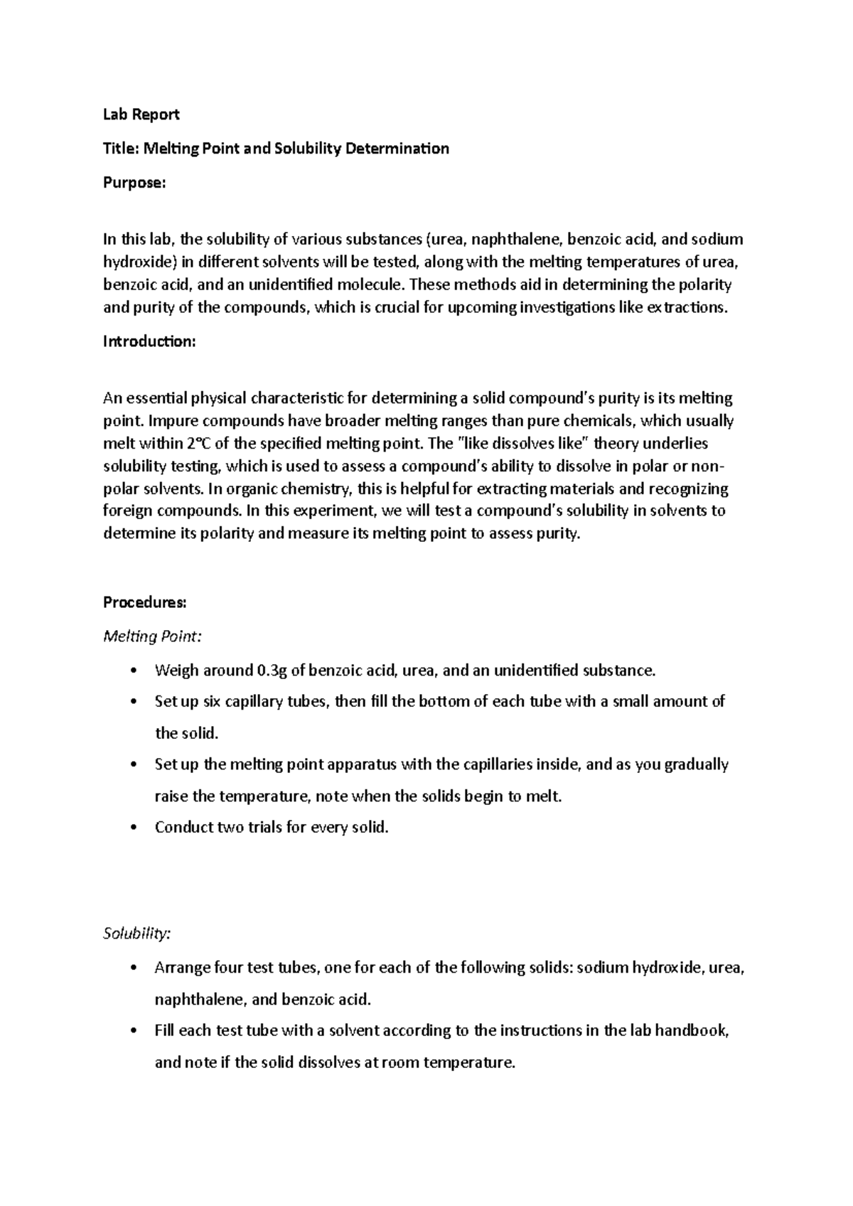 Melting point and Solubility lab report PDF - Lab Report Title: Melting ...