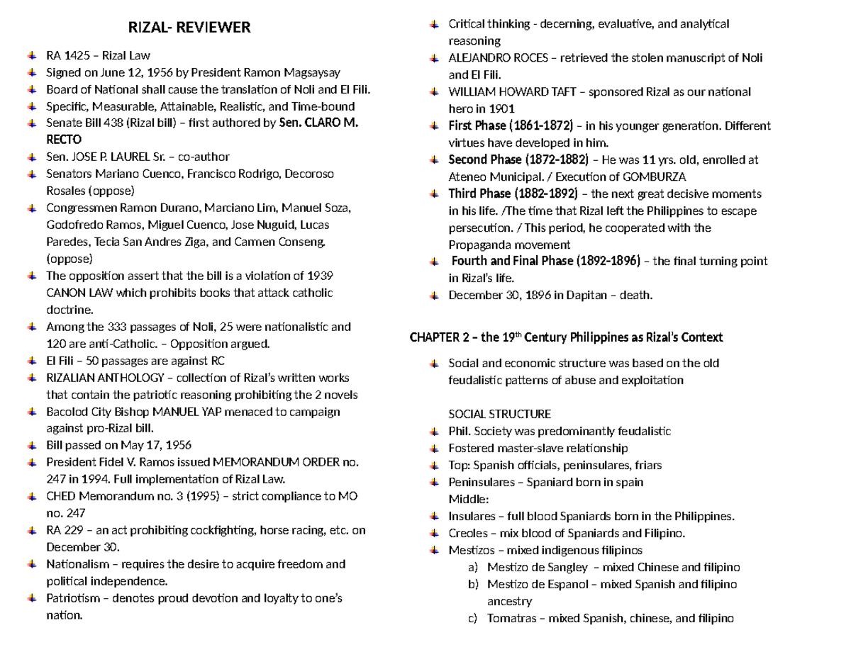 Reviewer Rizal 113524 - RIZAL- REVIEWER RA 1425 – Rizal Law Signed on ...
