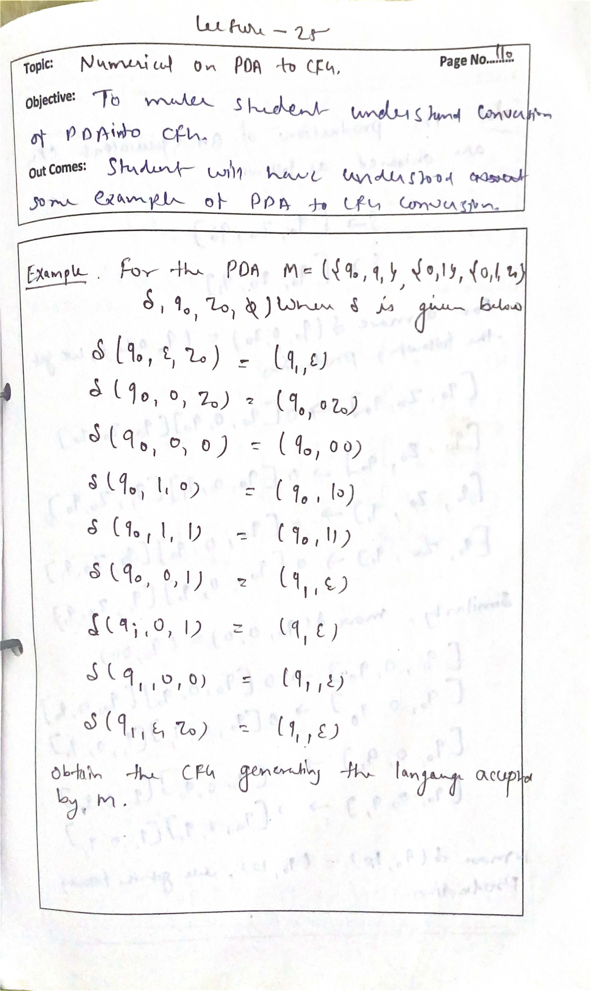 Numerical Examples on PDA to CFG Conversion - Theory of Computation (R1 ...