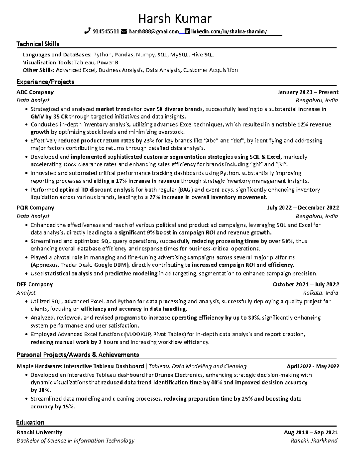 Sample-resume - fda - Harsh Kumar 914545511 harsh888@gmai linkedin/in ...