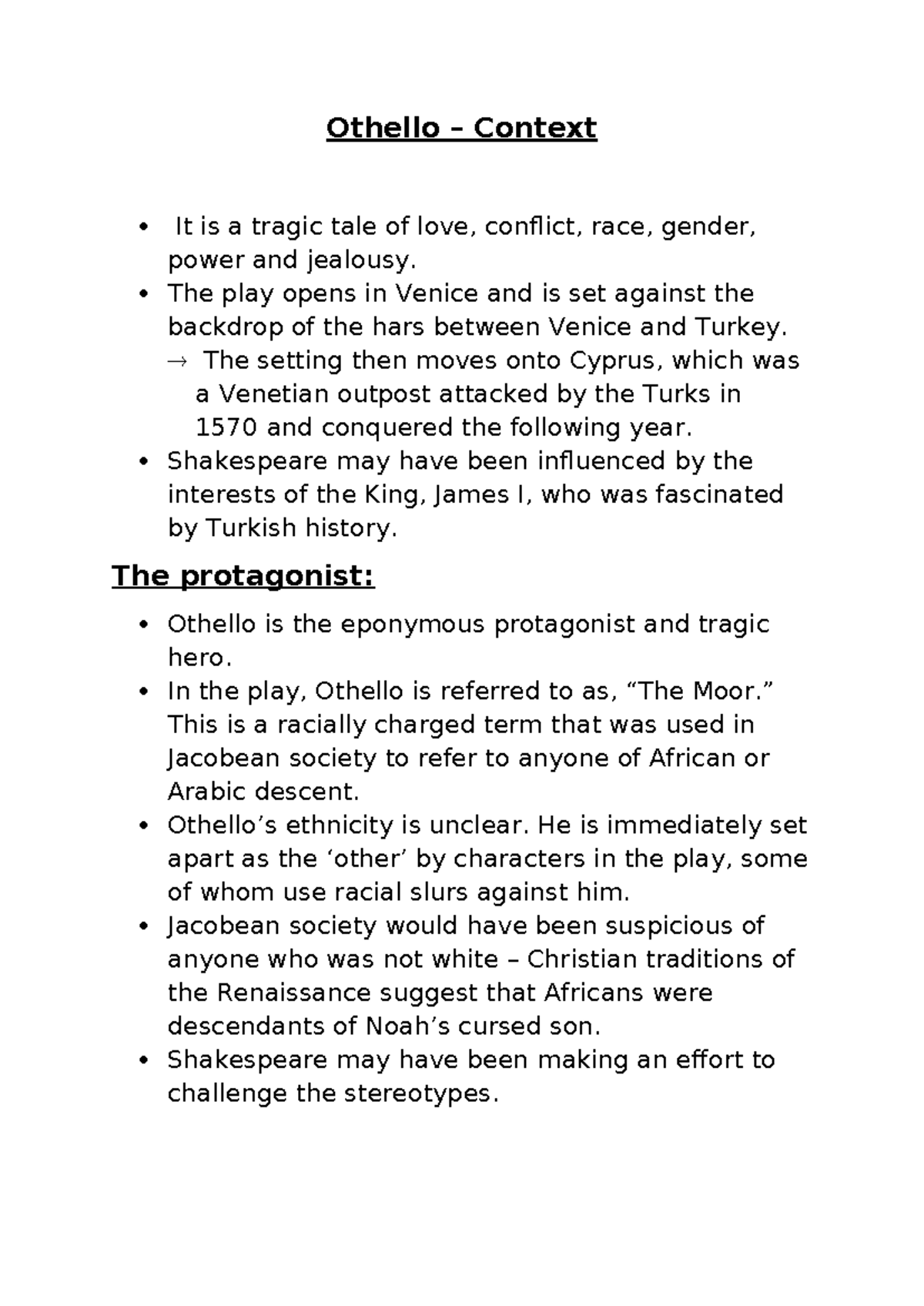 Othello (ENG 101) - Contextual Analysis of Race and Power - Studocu
