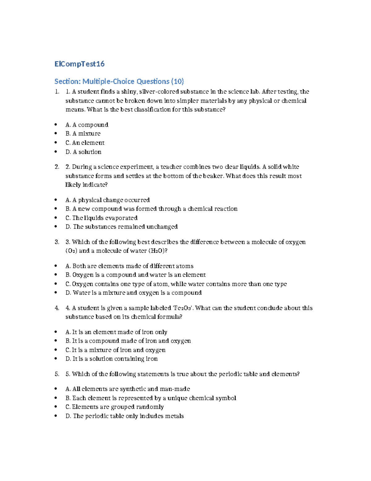 ElCompTest16 - Sample Test Questions and Answers - Studocu