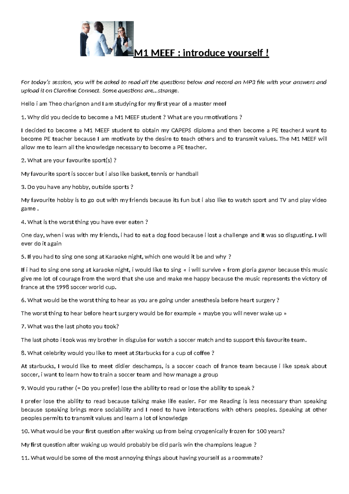 M1 MEEF: self-introduction questions and answers for session - Studocu
