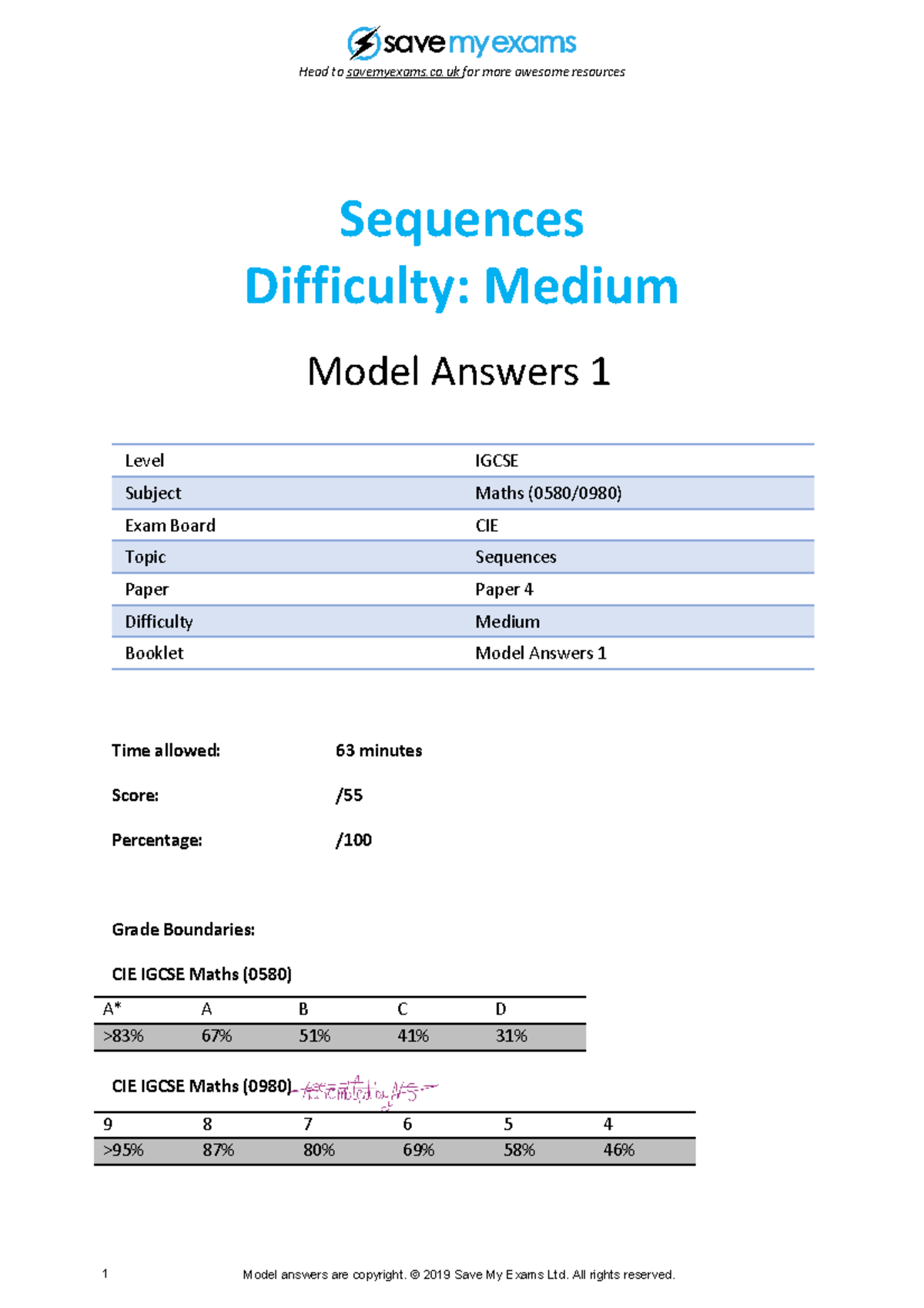 CIE IGCSE Maths (0580/0980) Model Answers for Sequences - Paper 4 - Studocu