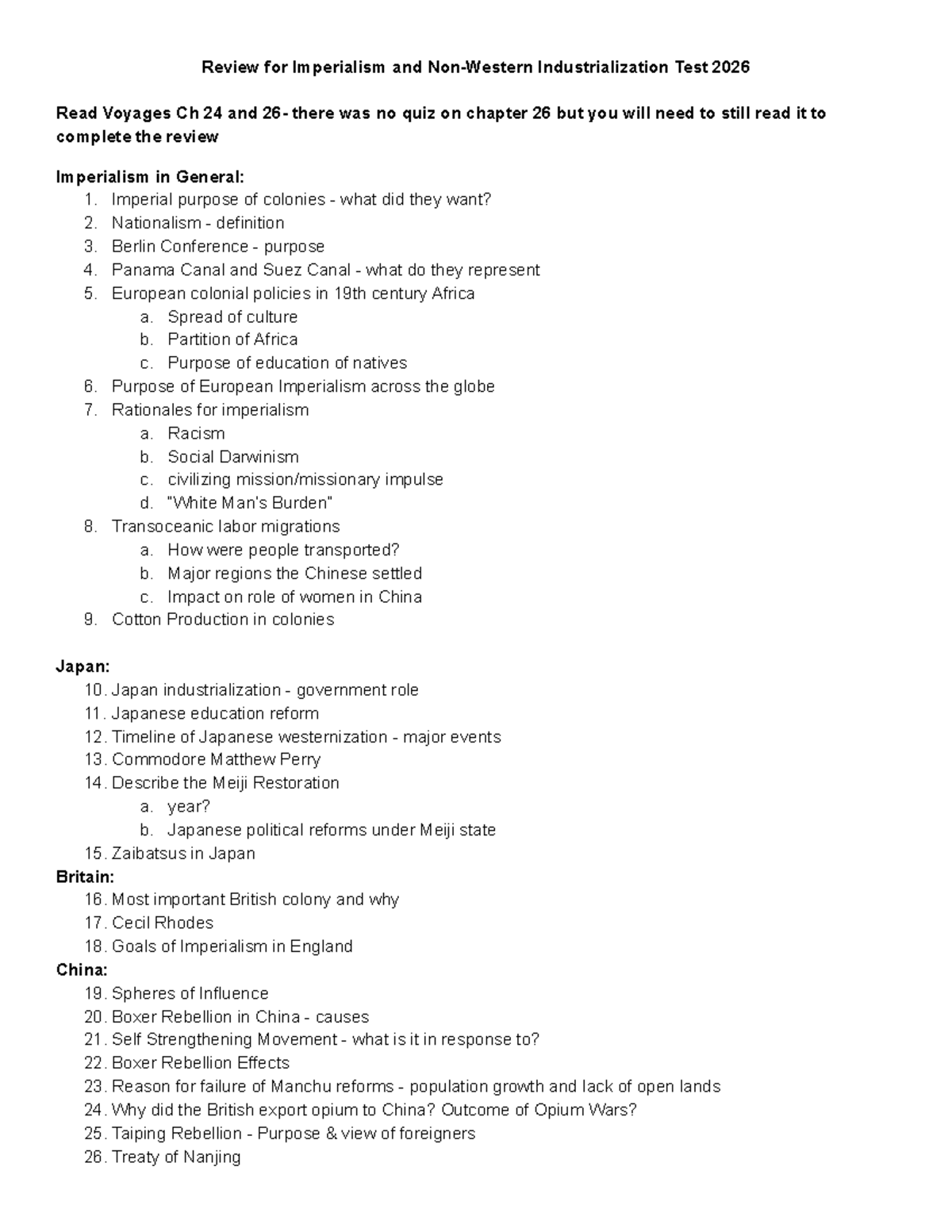 Review for Imperialism Test - Ch 24 & 26 (2/27 Schoology) - Studocu