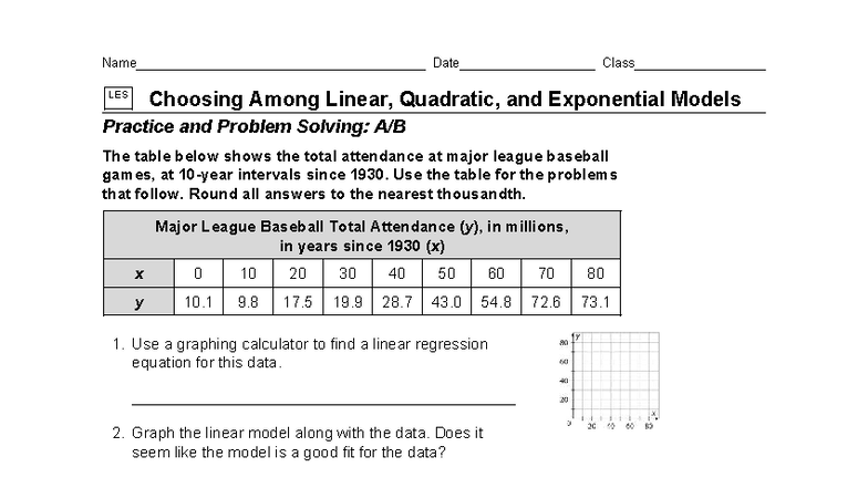 MATH 101: Choosing Linear, Quadratic, & Exponential Models - Practice ...