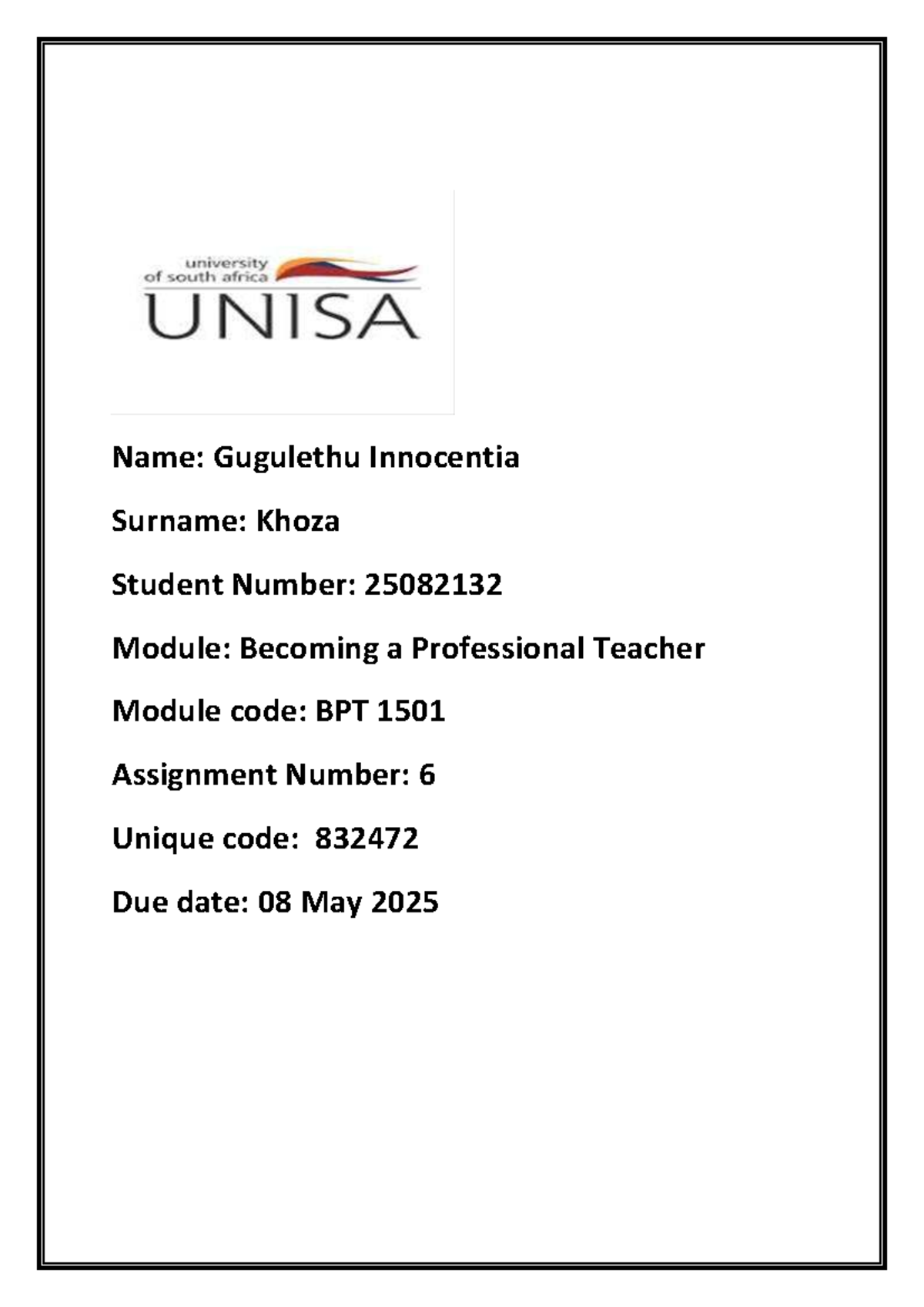 BPT 1501 Assignment 6: Plagiarism Declaration and Originality Statement - Studocu