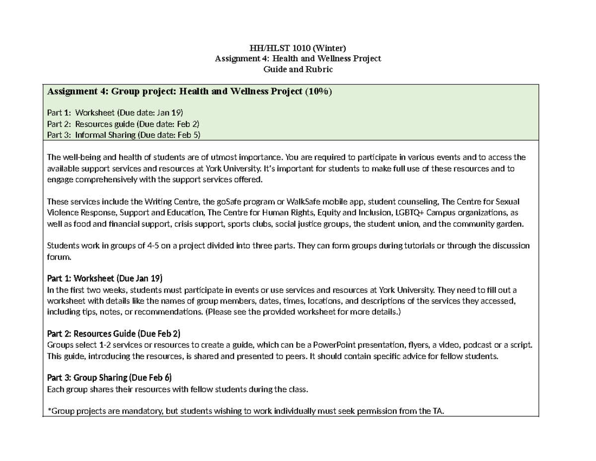 Assignment 4-Health and wellness (Guide and rubric) - HH/HLST 1010 ...