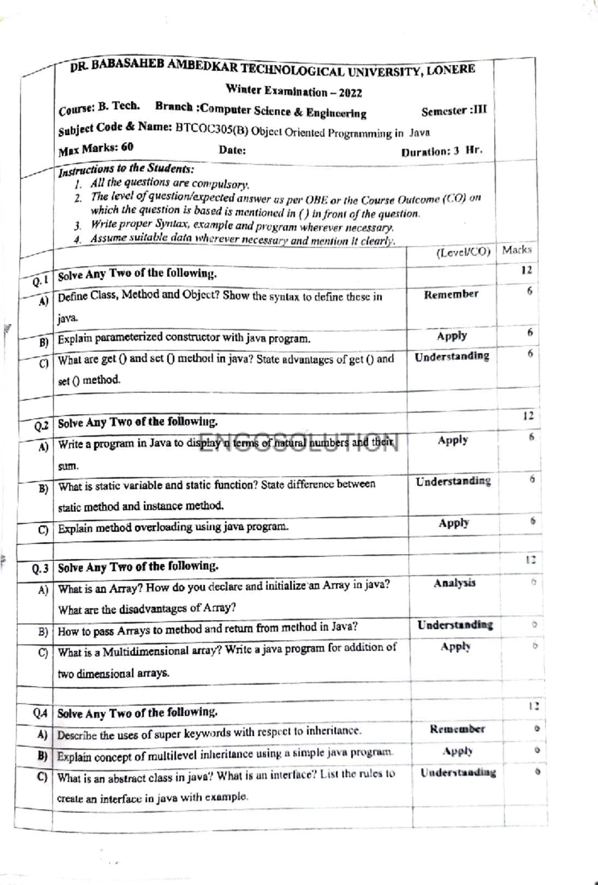 DBATU B. Tech Winter 2022 Exam: OOP in Java (BTCOC305) Question Paper ...