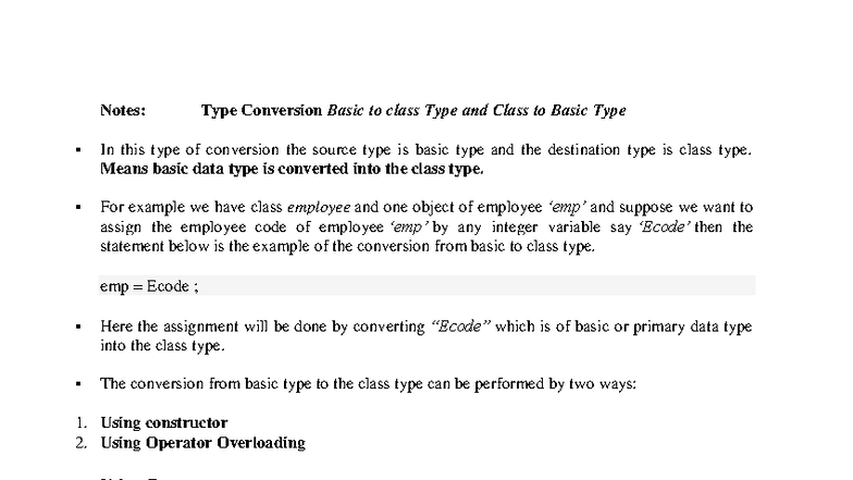 Type Conversion: Basic to Class Type and Vice Versa (CS 101) - Studocu