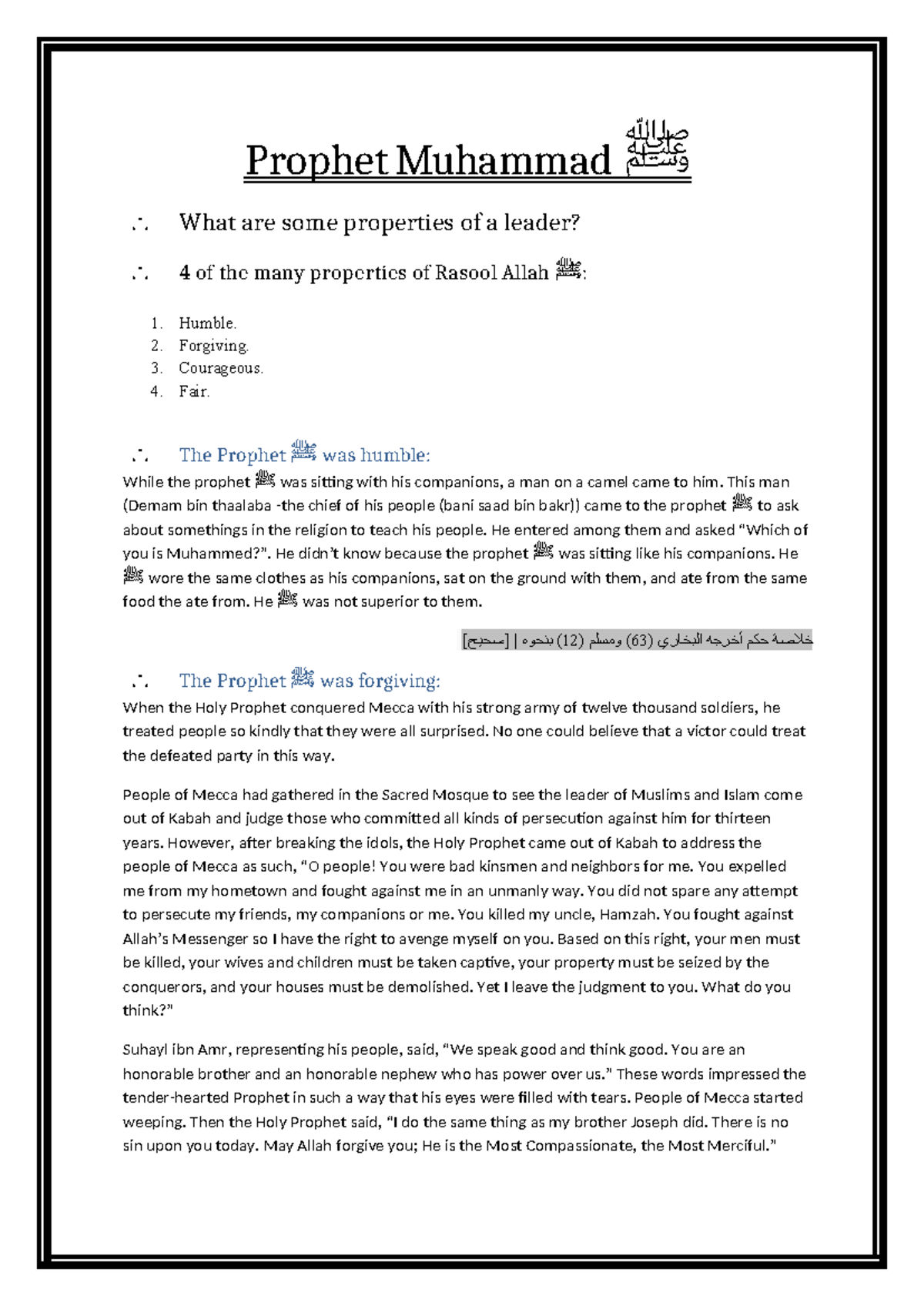 Properties of Leadership: Lessons from Prophet Muhammad ﷺ - Studocu