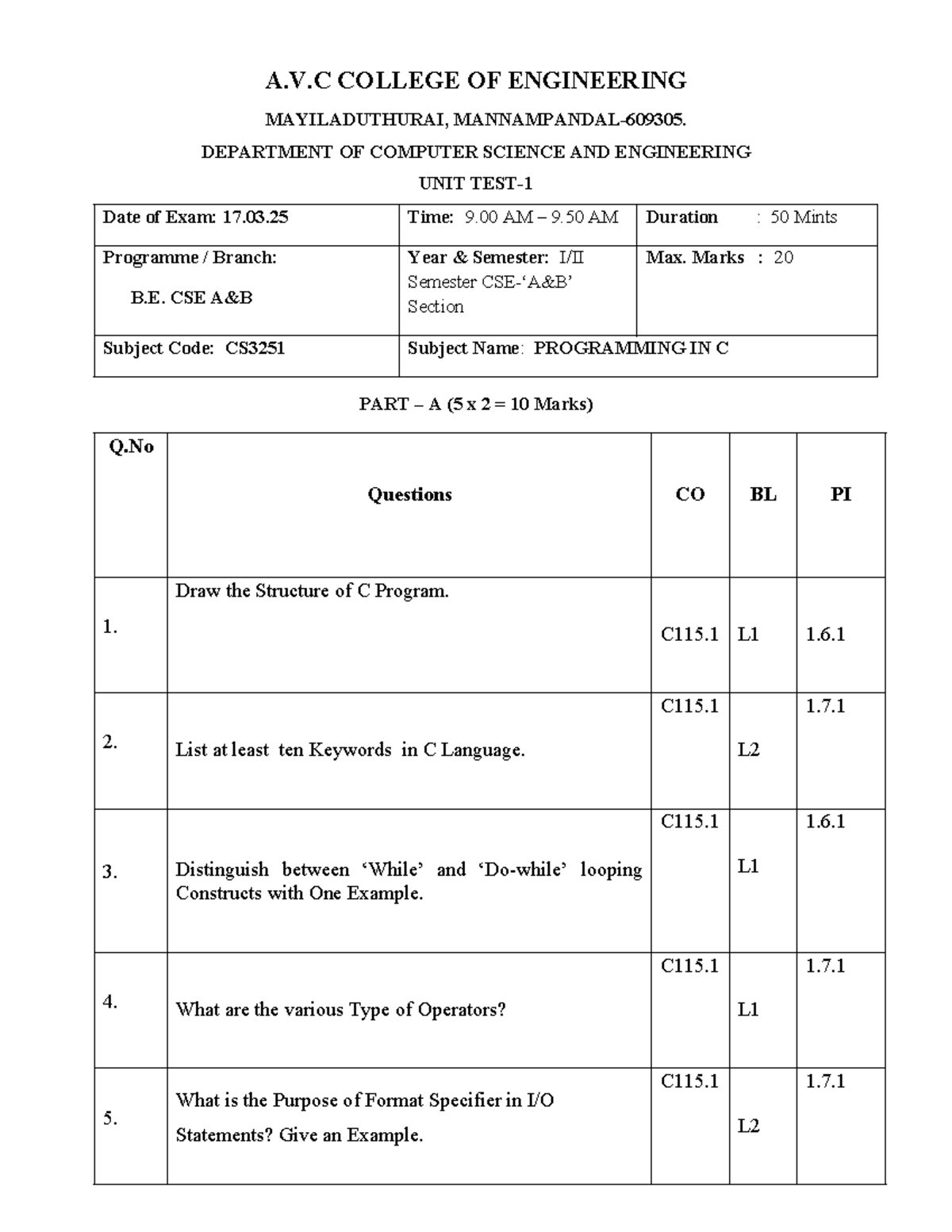 CS3251 Programming in C Unit Test - A.V.C College of Engineering - Studocu