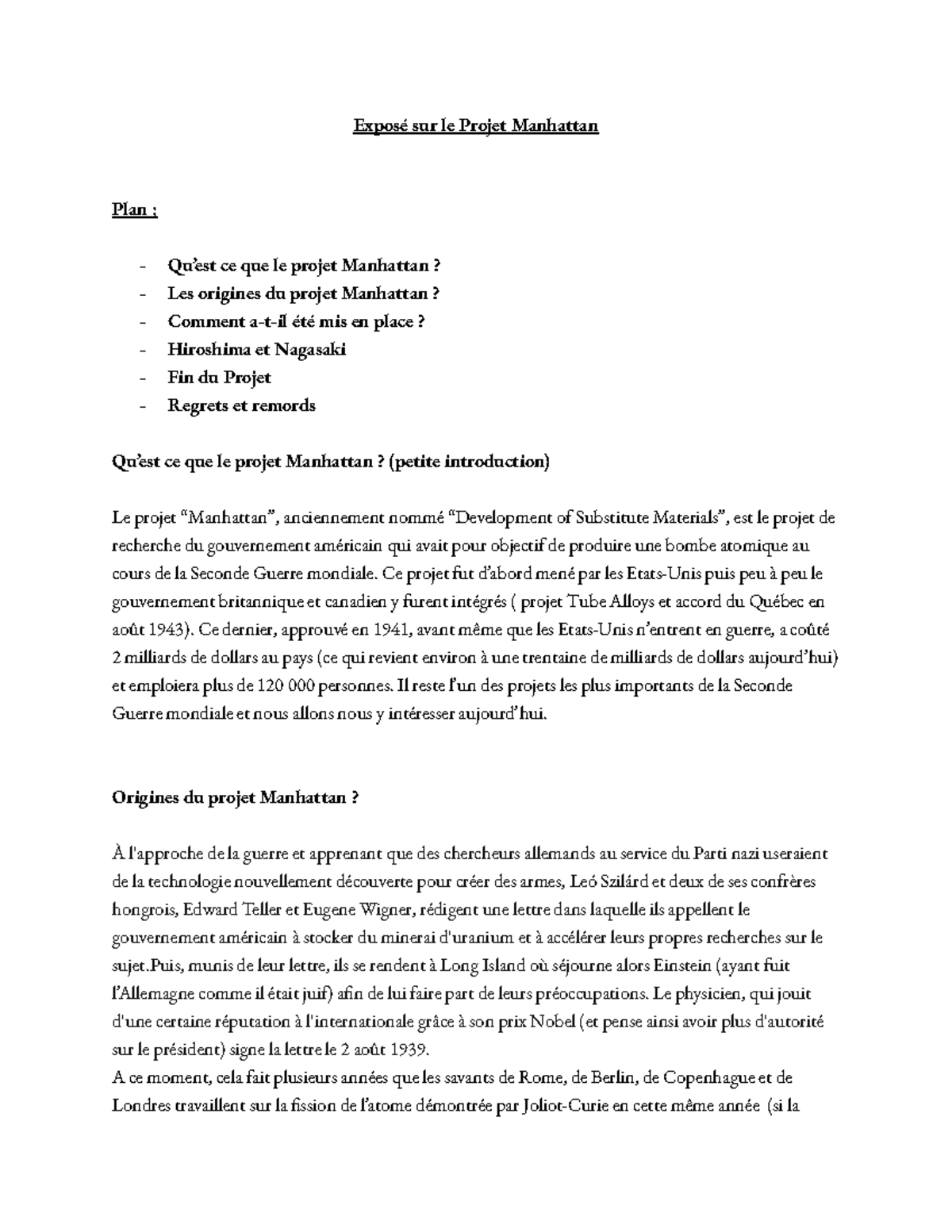 Exposé sur le Projet Manhattan : Historique et Conséquences - Studocu