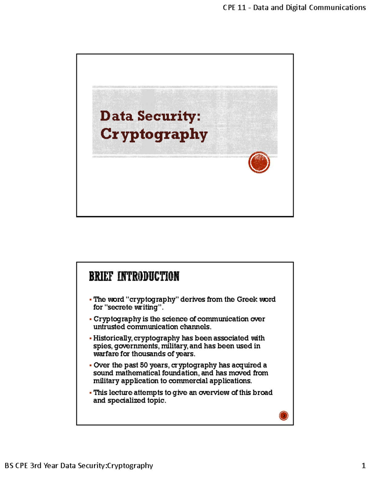 CPE 11 Data Security: Overview of Cryptography Techniques and ...