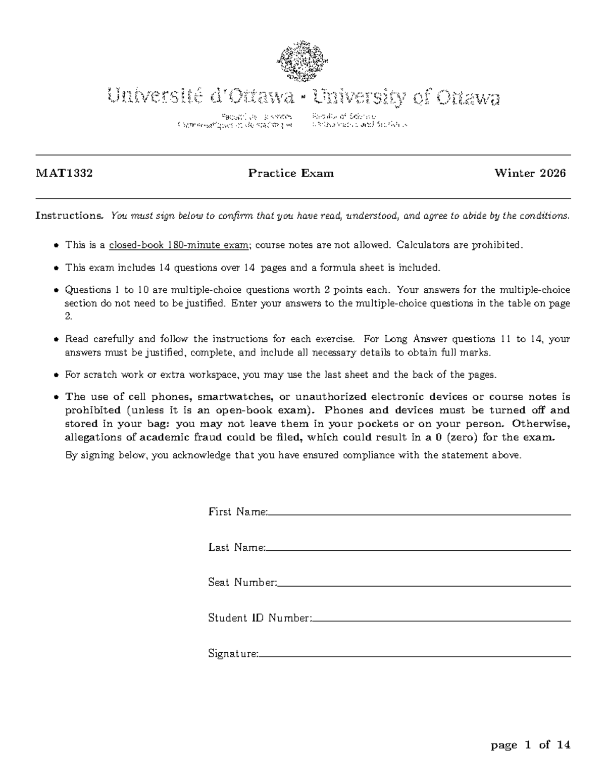 MAT1332 Practice Final Exam Winter 2026 Instructions and Questions ...