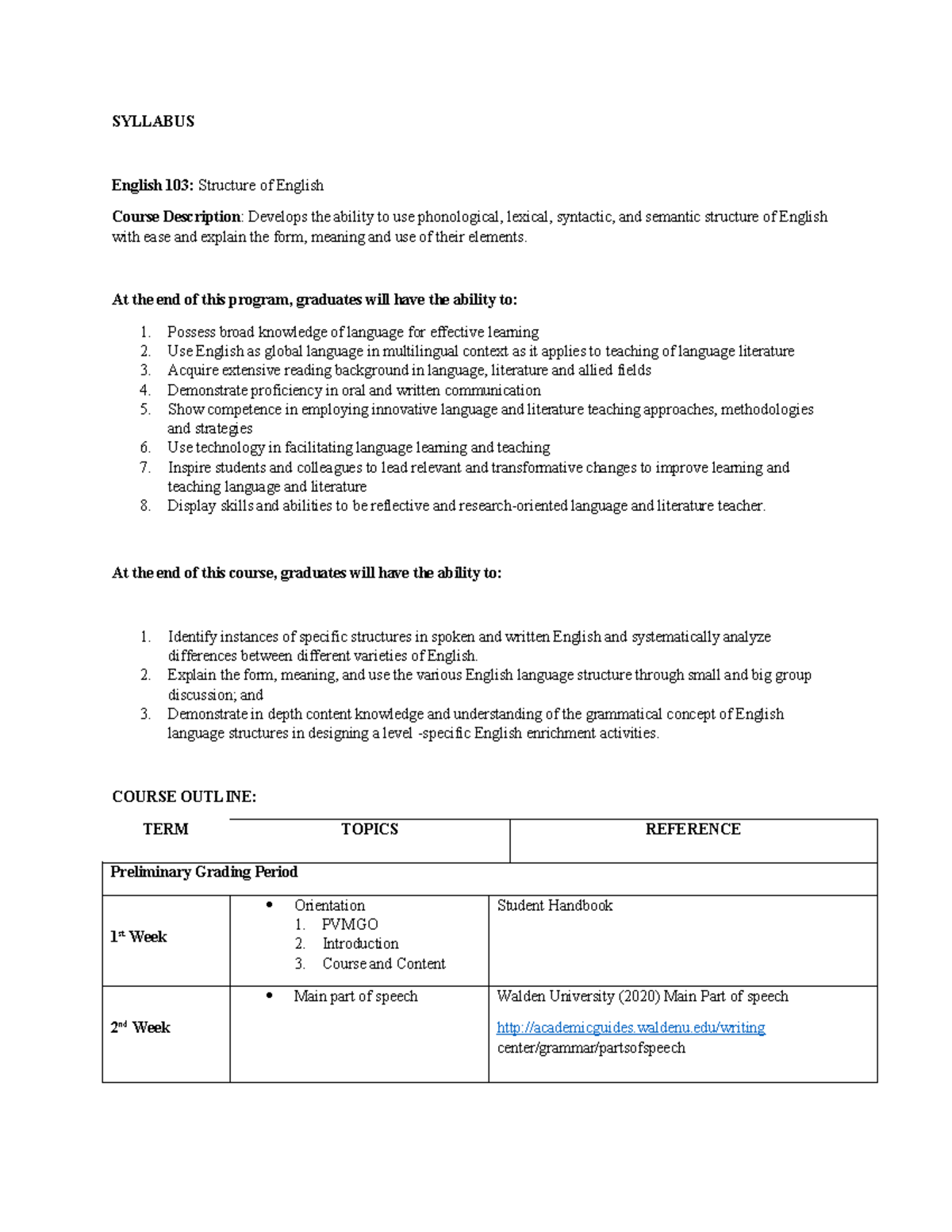 Syllabus - N/A - SYLLABUS English 103: Structure of English Course ...
