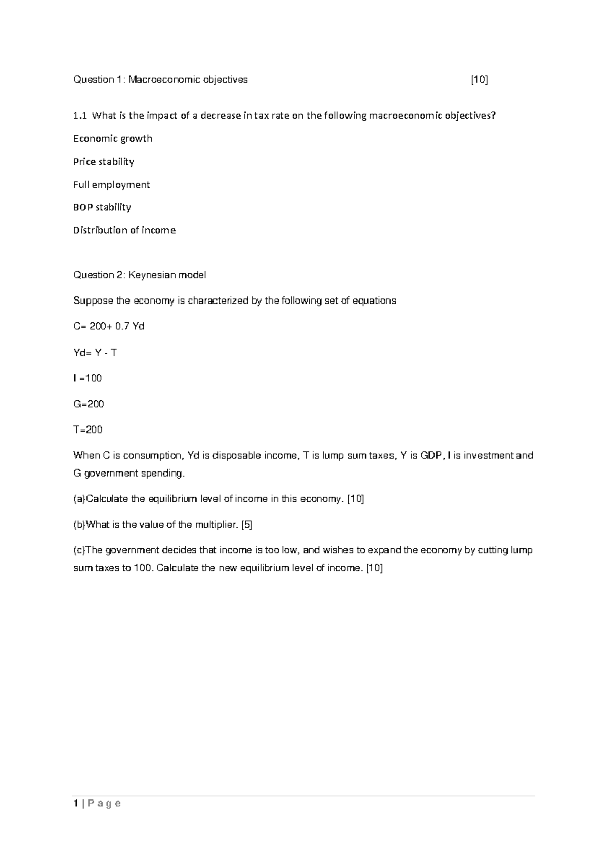 2ECN 202 Tutorial Questions on Macroeconomics Concepts and Calculations ...