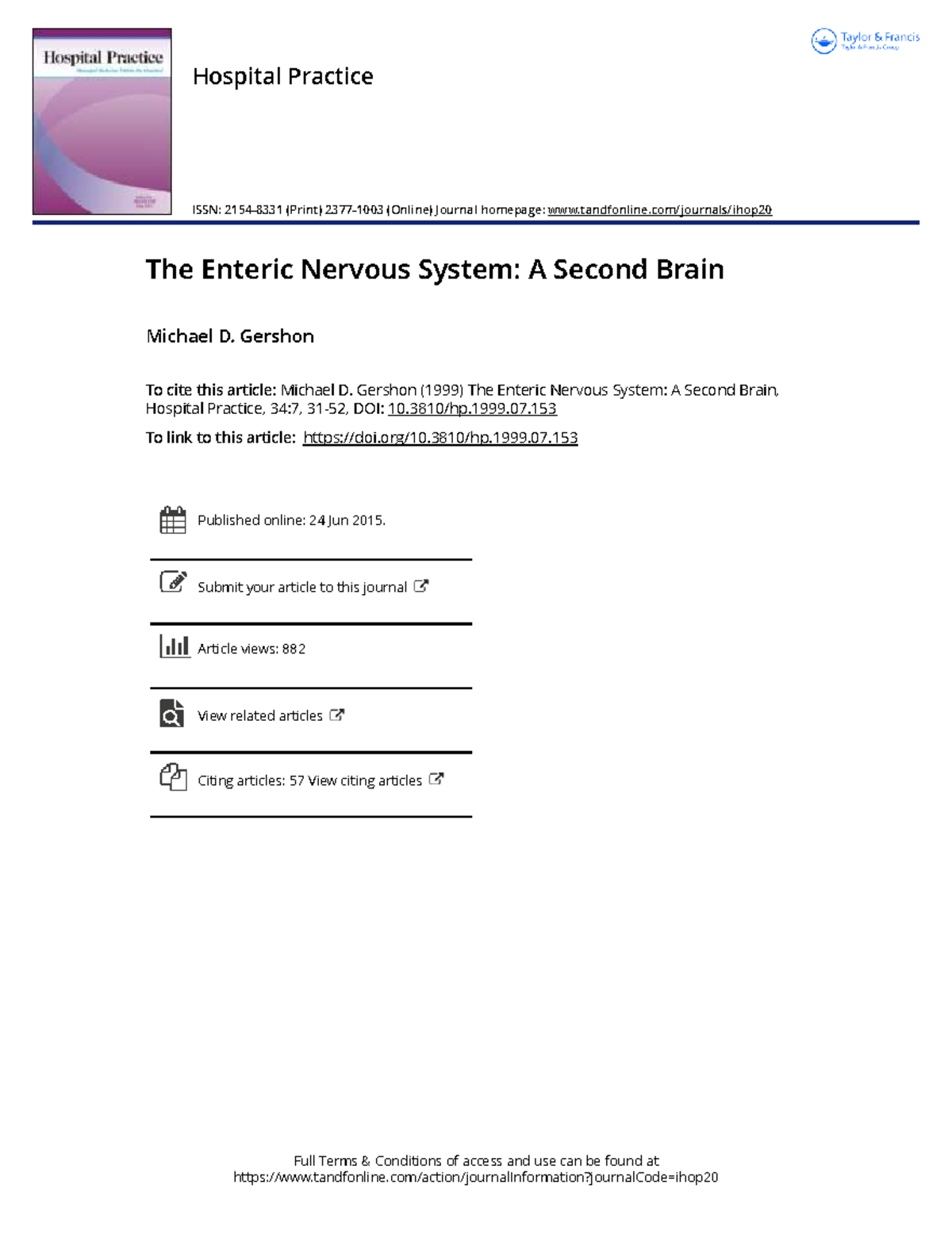 Hospital Practice: The Enteric Nervous System as a Second Brain - Studocu