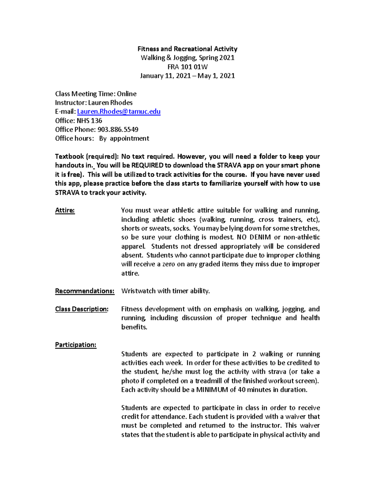 Walk Jog Syllabus - homework assignment - Fitness and Recreational ...