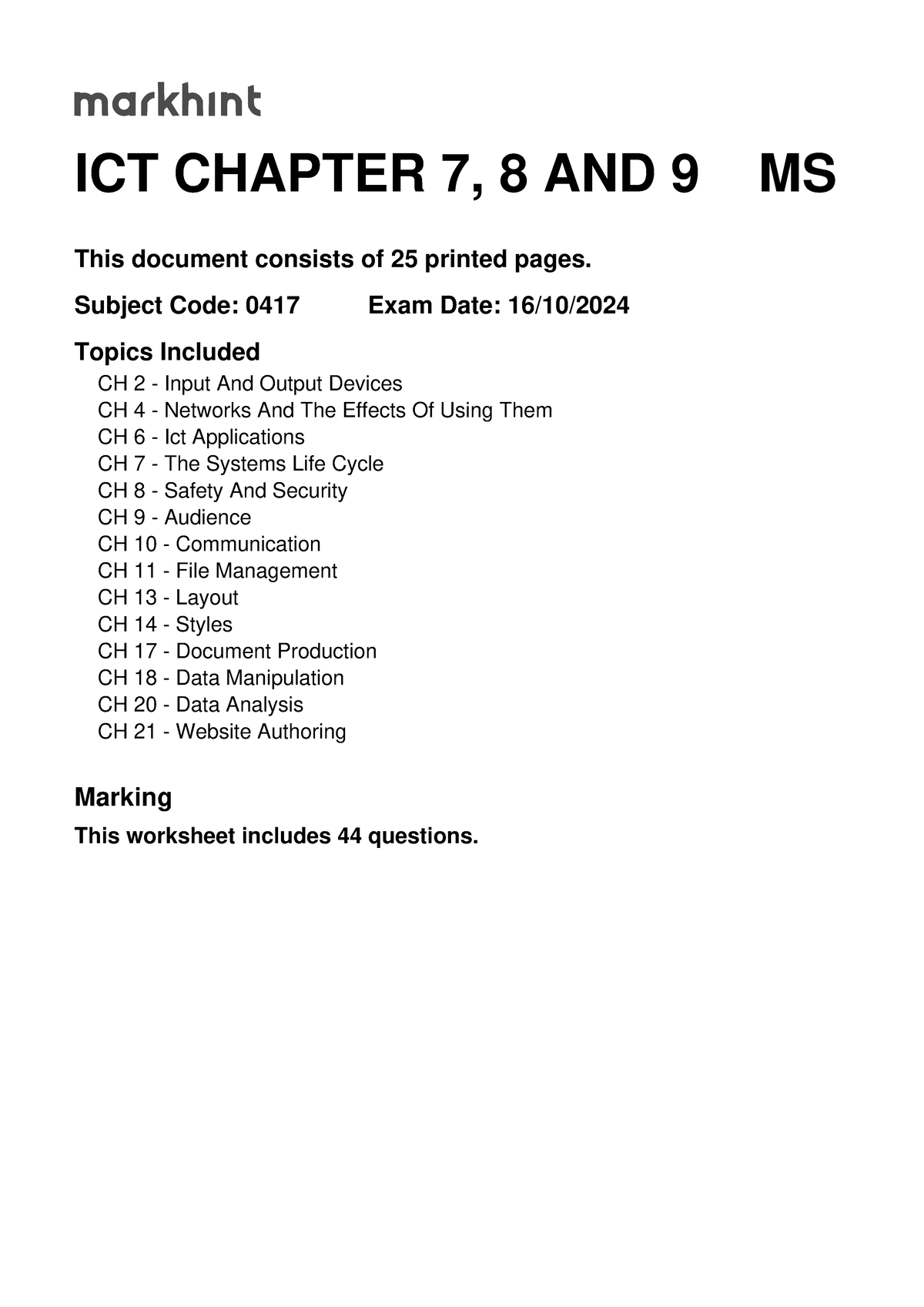 ICT Markhint CHAP.. 789 Marking Scheme - ICT CHAPTER 7, 8 AND 9 MS This ...
