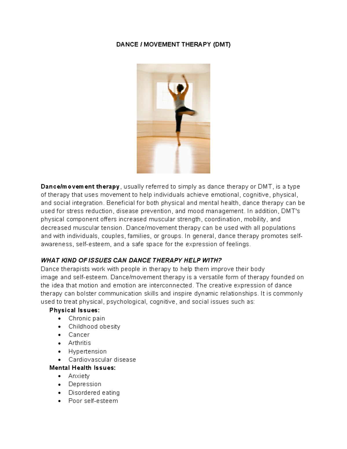 Dance Movement Therapy (DMT): Principles and Effectiveness Overview - Studocu