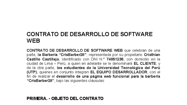 Contrato de Desarrollo de Software Web para Barbería CrisBarber28 - Studocu