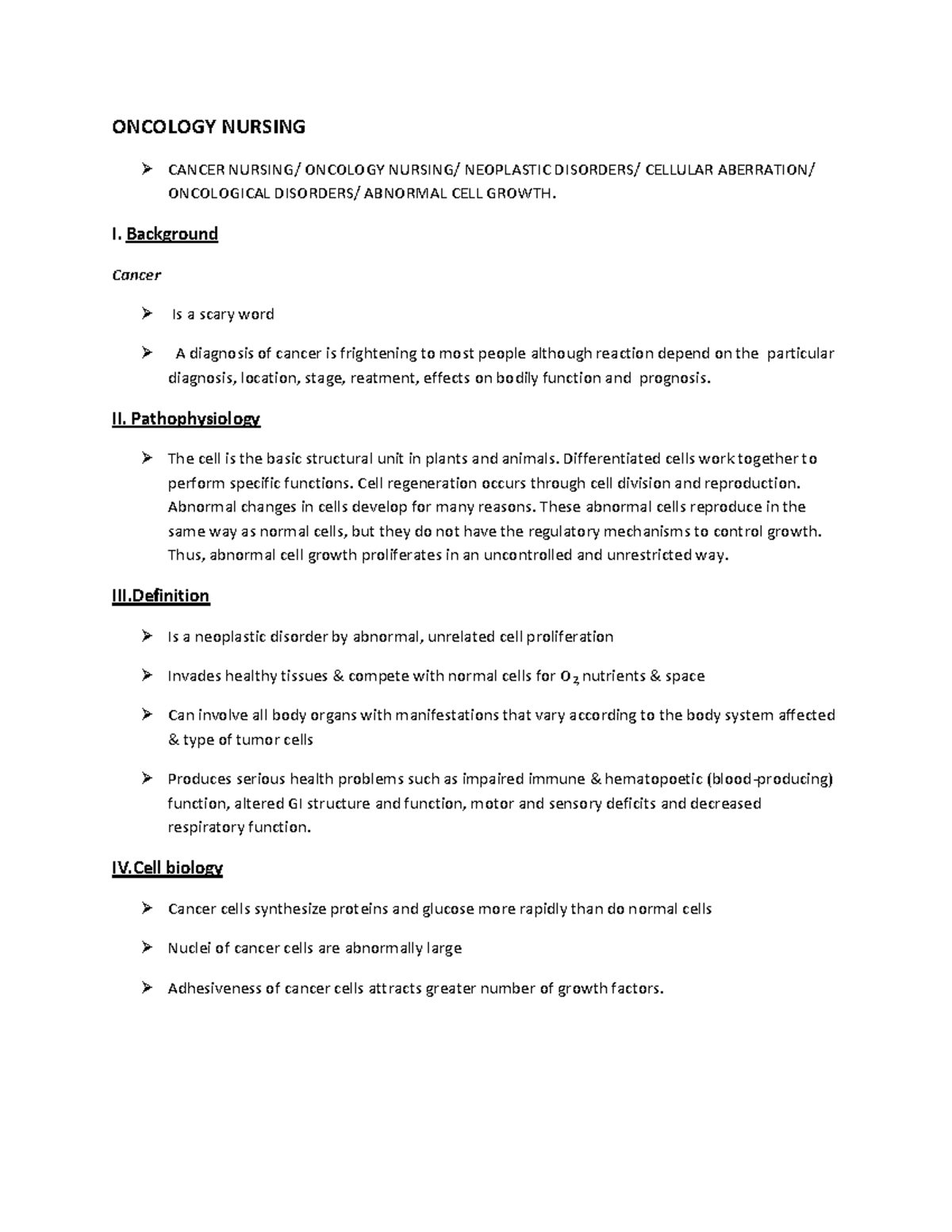 Oncology Nursing - LECTURE NOTES Overview and Key Concepts - Studocu