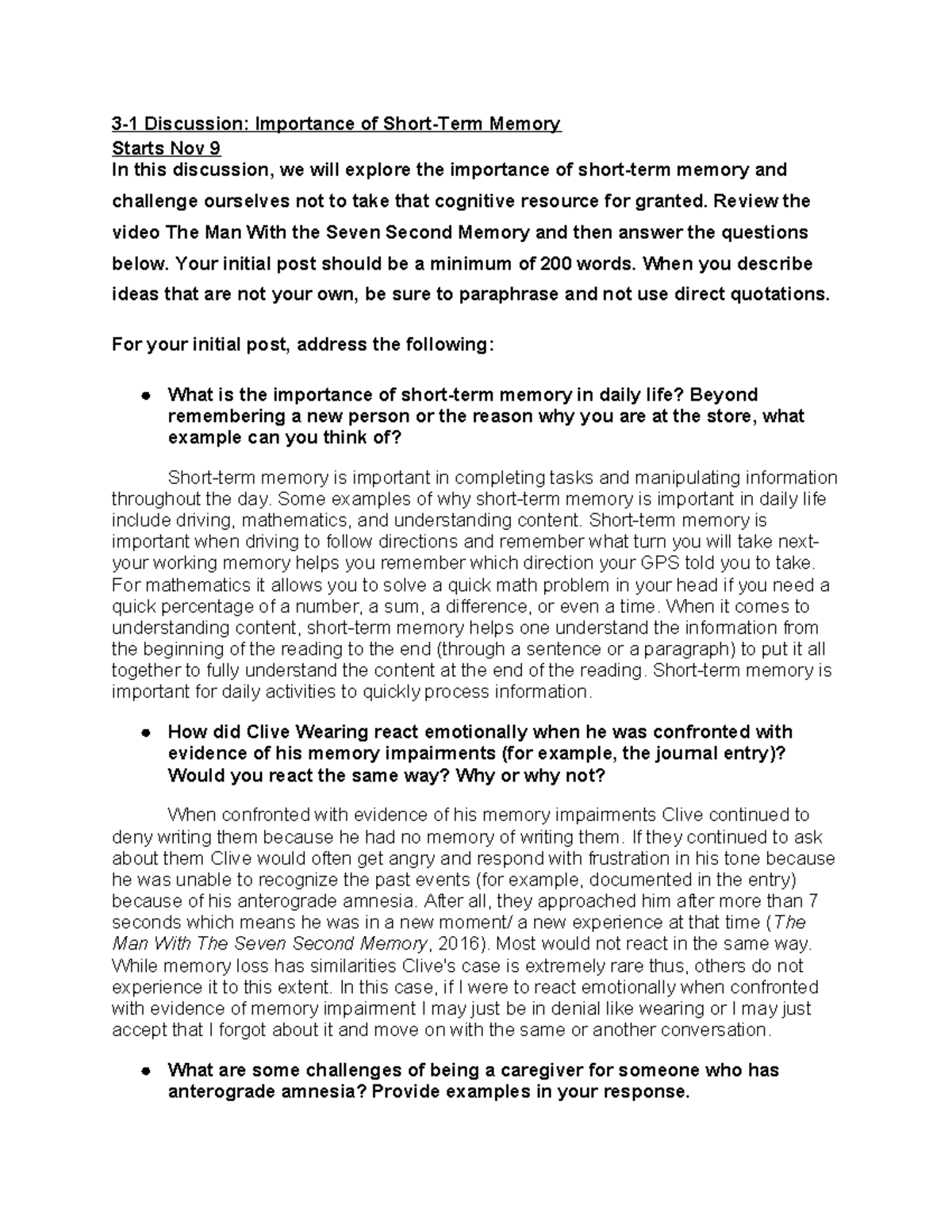 PSY-375 3-1 Discussion: The Role of Short-Term Memory in Daily Life ...